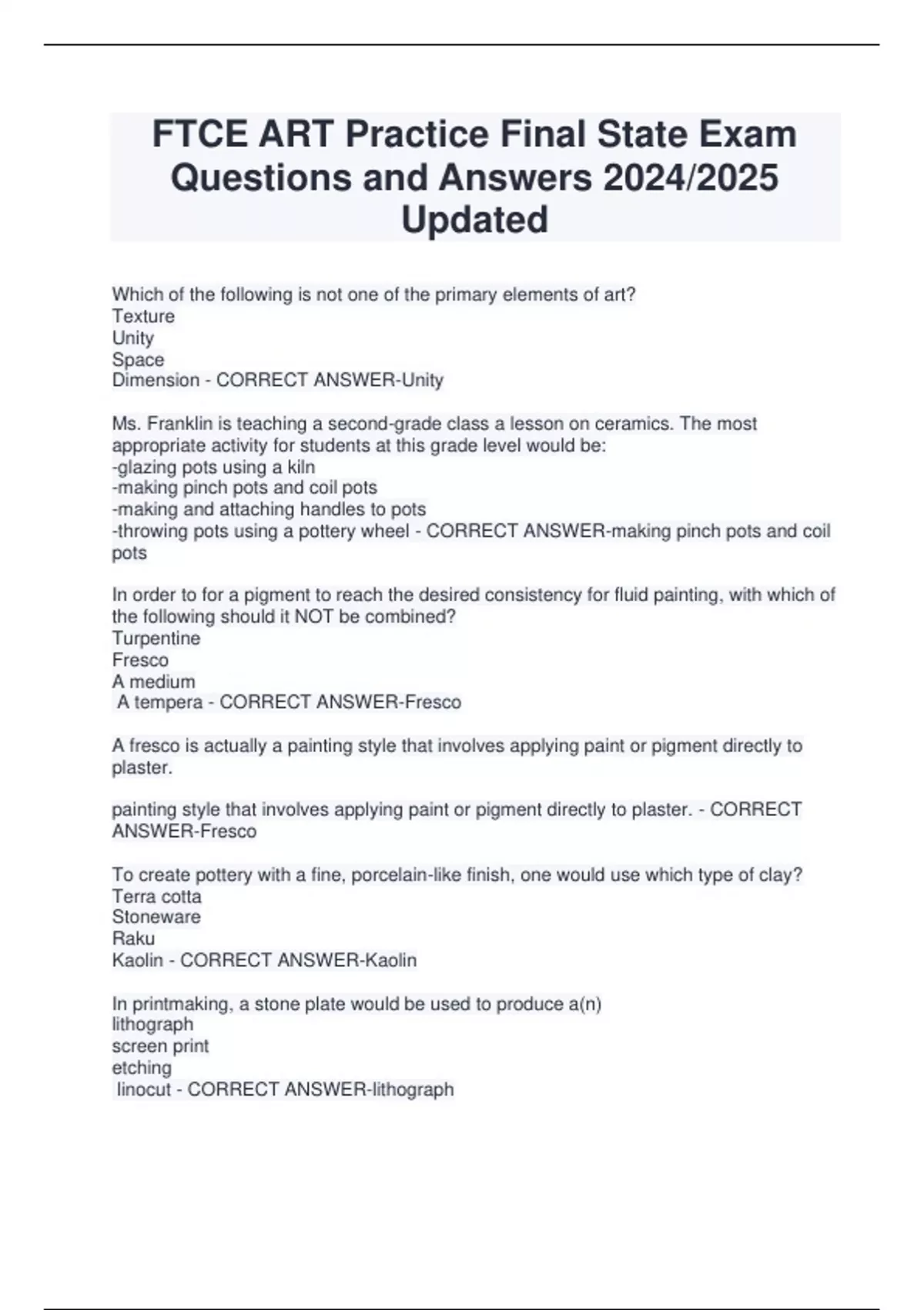 FTCE ART Practice Final State Exam Questions and Answers 2024/2025 ...