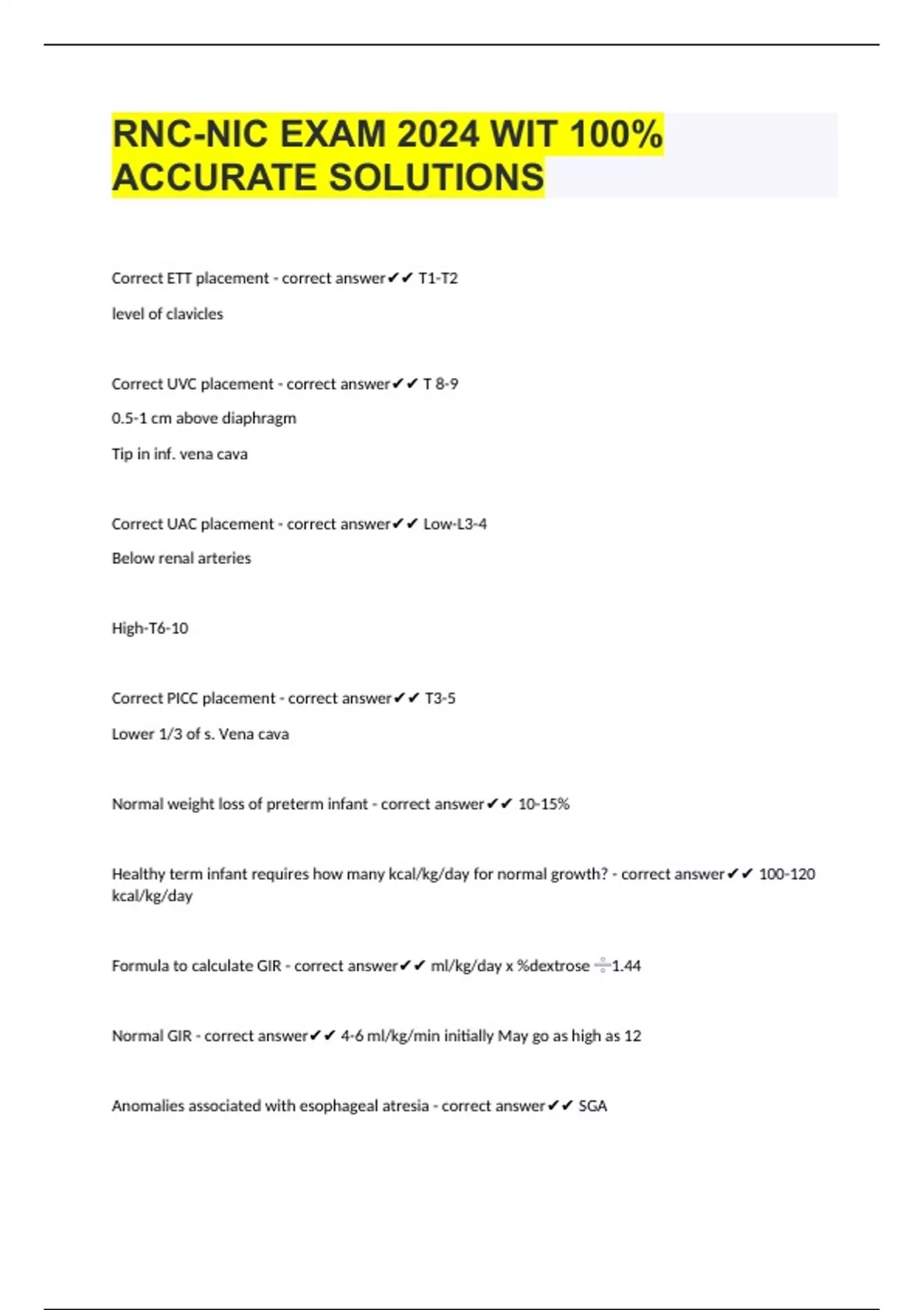 RNC-NIC EXAM 2024 WIT 100% ACCURATE SOLUTIONS - RNC-NIC - Stuvia US