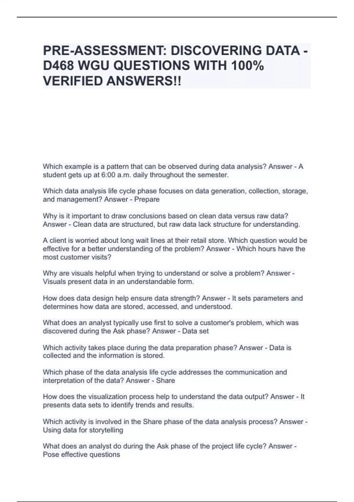 PRE-ASSESSMENT: DISCOVERING DATA - D468 WGU QUESTIONS WITH 100% ...