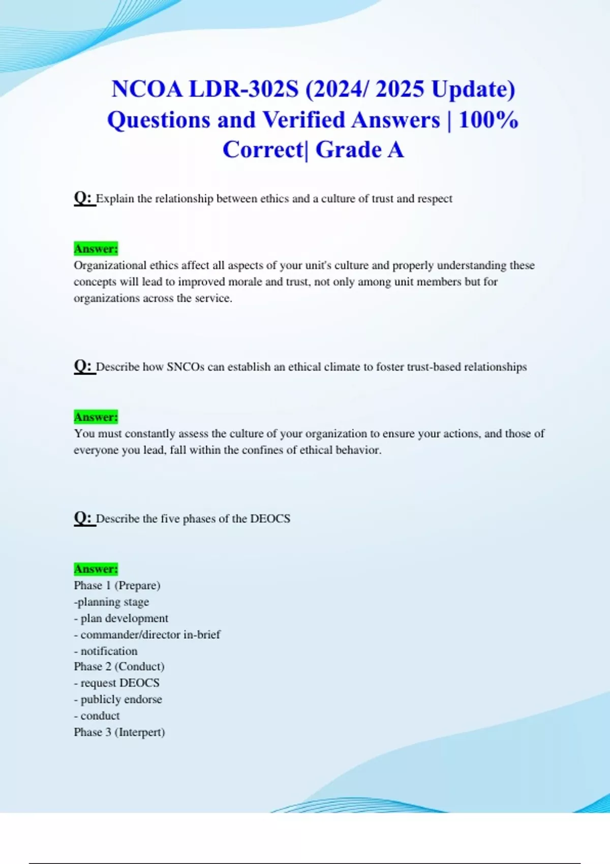 NCOA LDR-302S (2024/ 2025 Update) Questions and Verified Answers | 100% ...