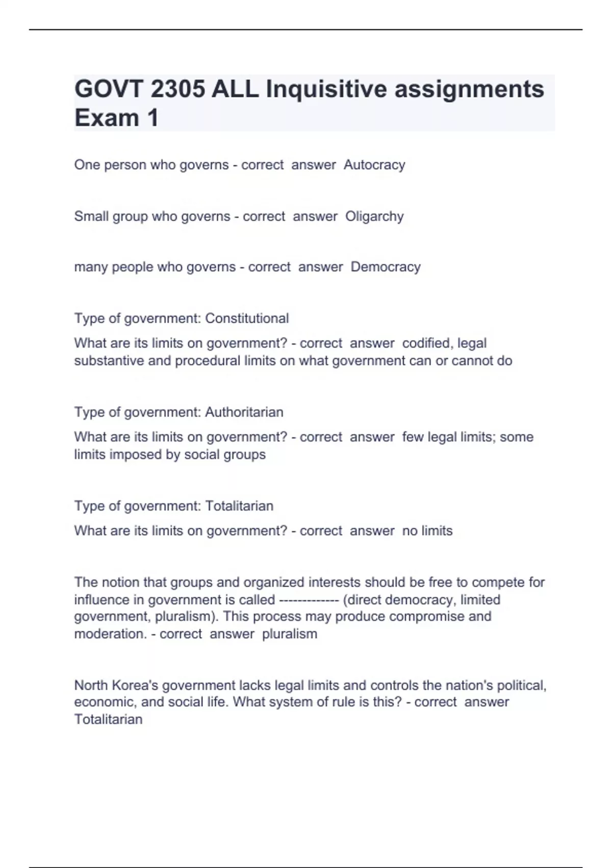 GOVT 2305 ALL Inquisitive assignments Exam 1 Government 2305 Collin College Question and answers ...