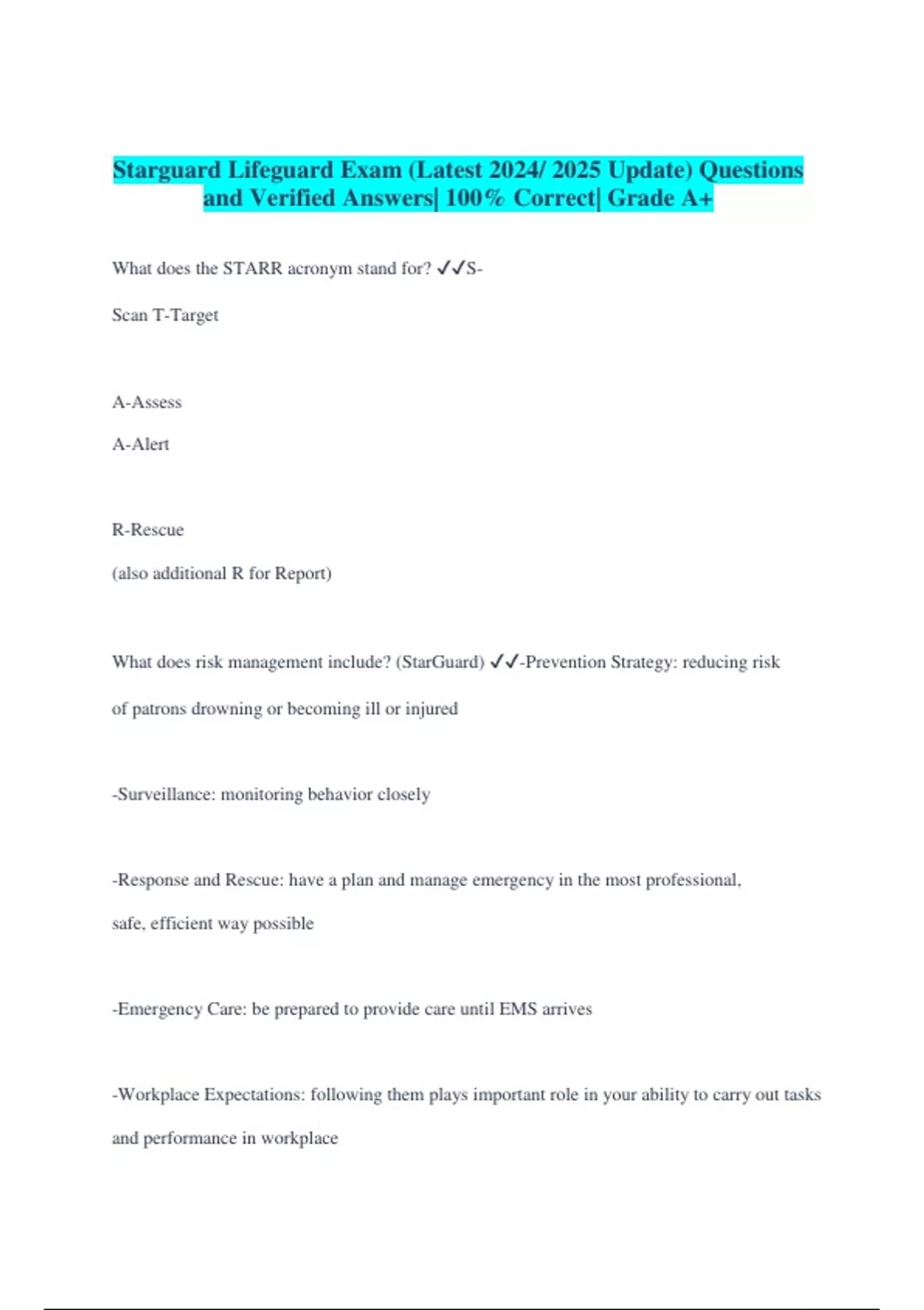Starguard Lifeguard Exam (Latest 2024/ 2025 Update) Questions and ...