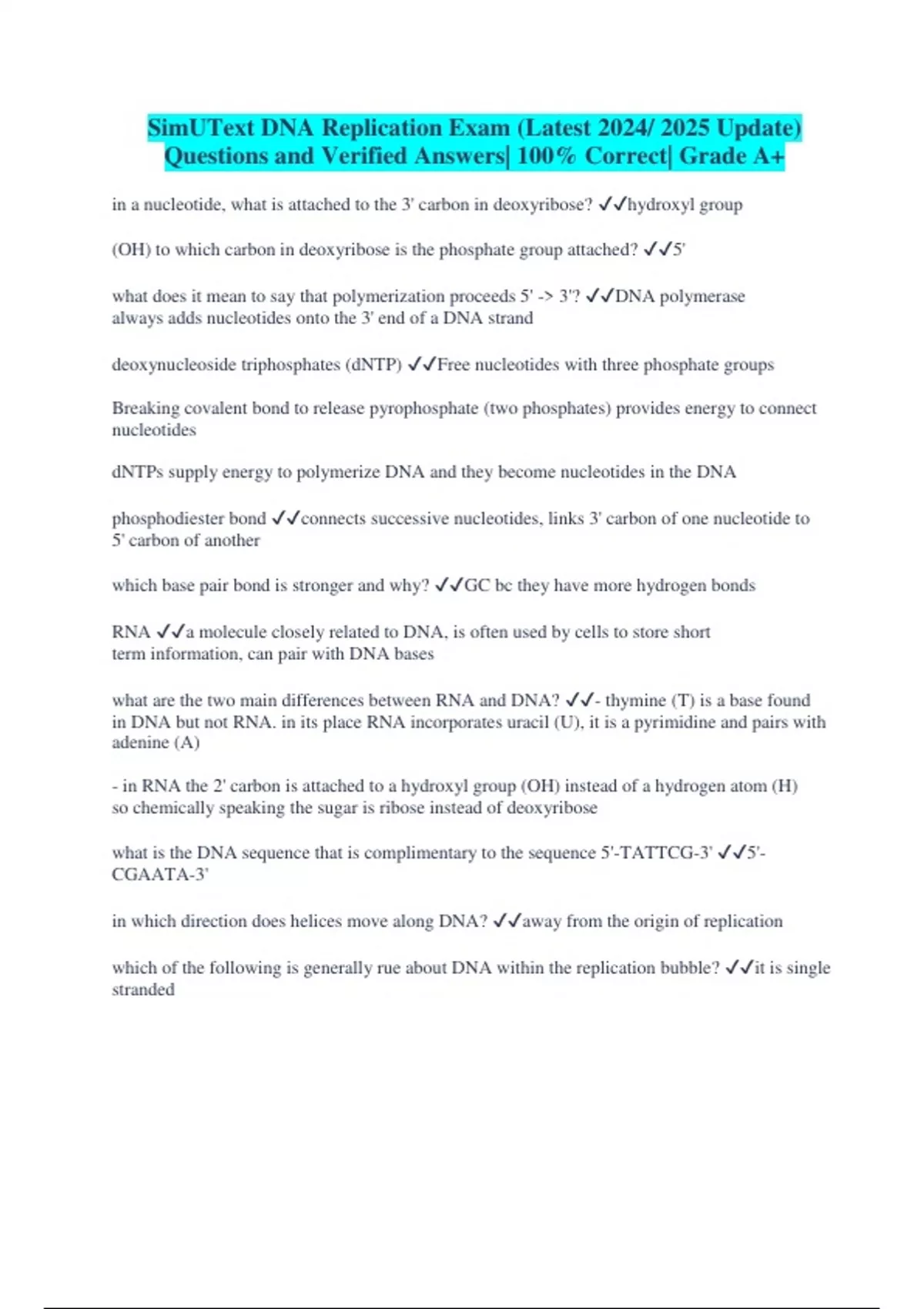 SimUText DNA Replication Exam (Latest 2024/ 2025 Update) Questions and ...