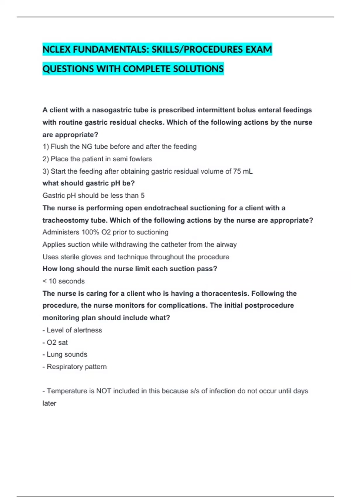 NCLEX FUNDAMENTALS: SKILLS/PROCEDURES EXAM QUESTIONS WITH COMPLETE ...