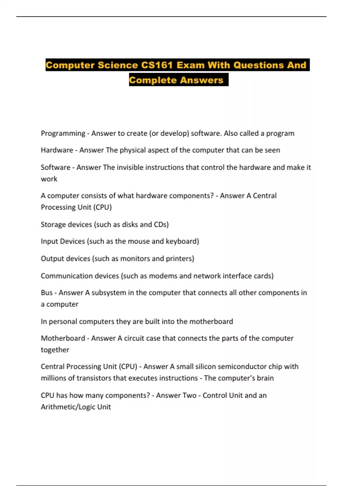 Computer Science CS161 Exam With Questions And Complete Answers - Computer Science CS161 - Stuvia UK
