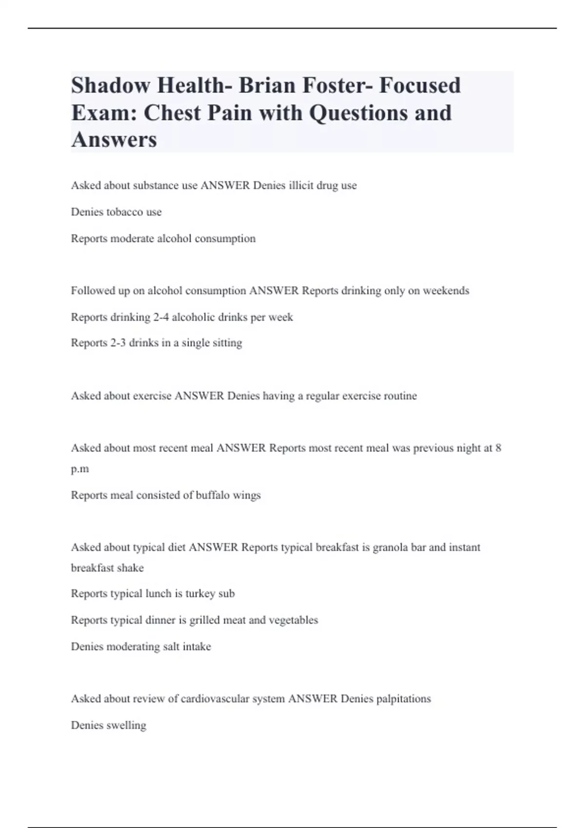 Shadow Health- Brian Foster- Focused Exam: Chest Pain with Questions ...
