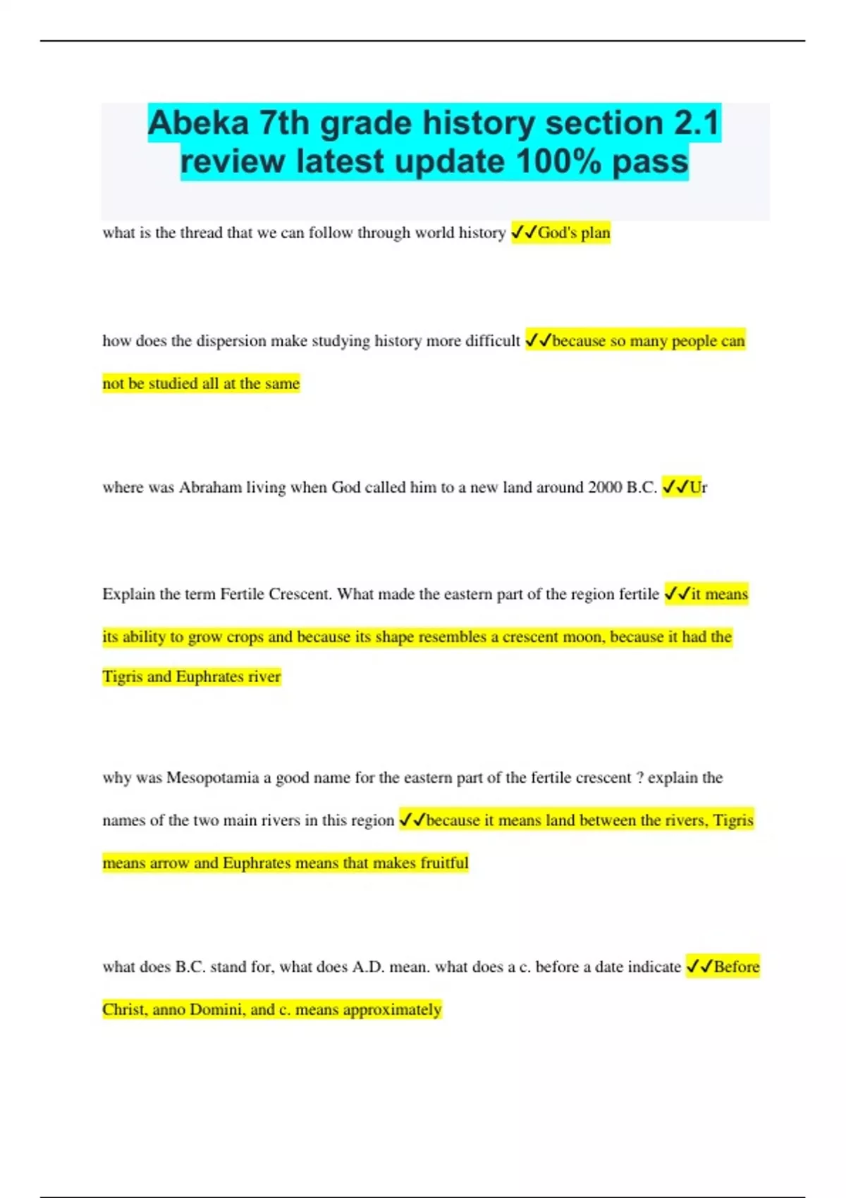 Abeka 7th grade history section 2.1 review latest update 100% pass ...