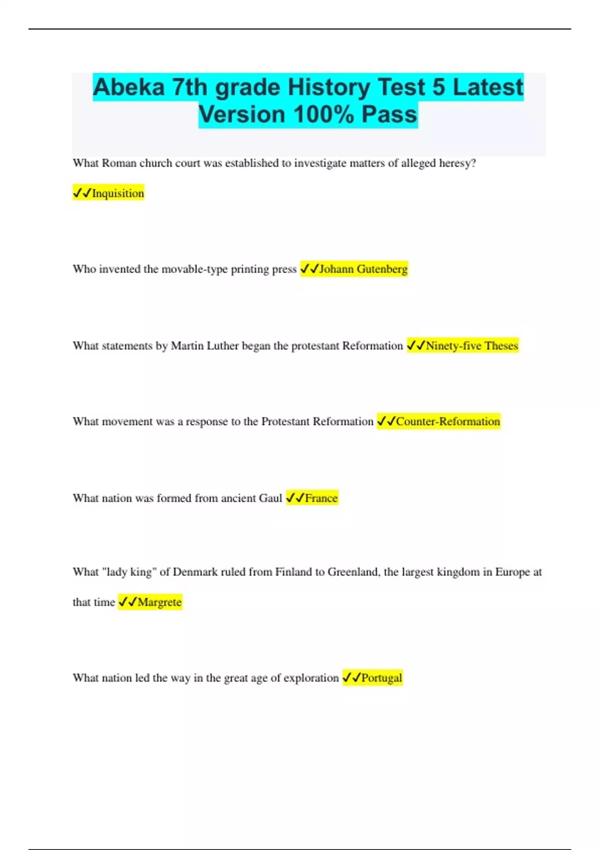 Abeka 7th Grade History Test 5 Latest Version 100 Pass Abeka 7th Abeka 7th Grade History Test 5 Latest Version 100 Pass Abeka 7th