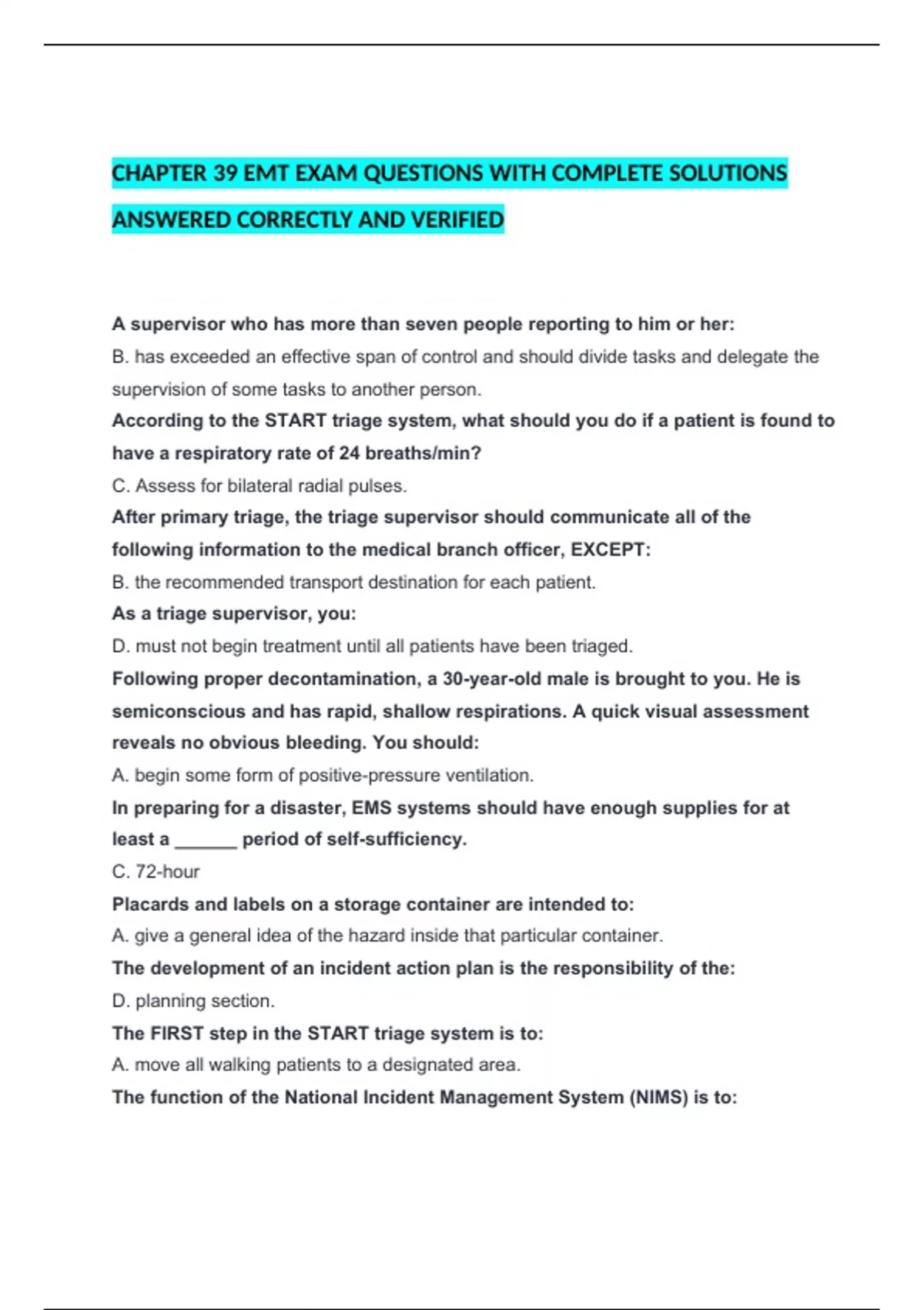 CHAPTER 39 EMT EXAM QUESTIONS WITH COMPLETE SOLUTIONS ANSWERED ...