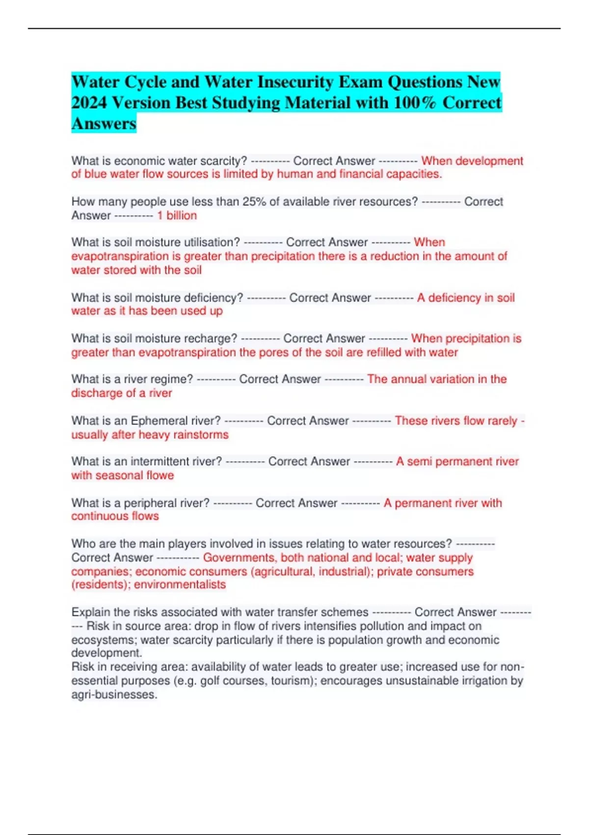 Water Cycle and Water Insecurity Exam Questions New 2024 Version Best ...