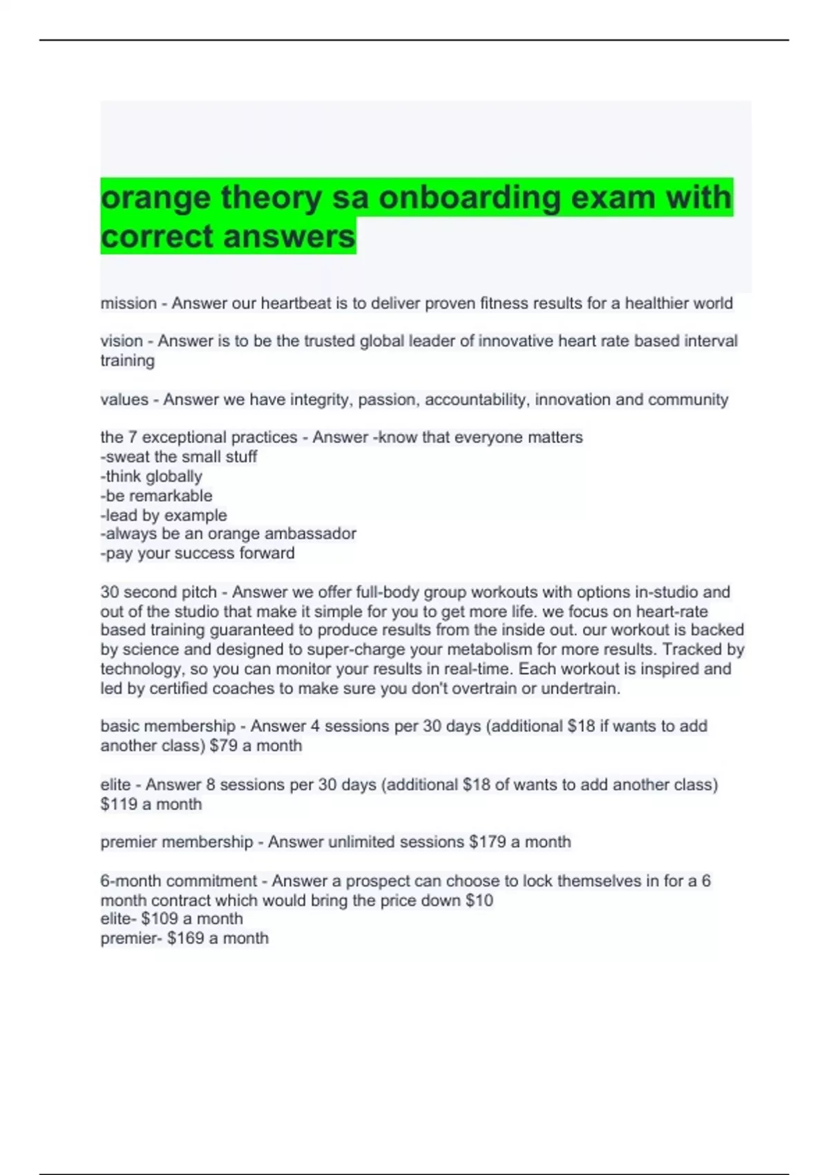 orange theory sa onboarding exam with correct answers - Orange theory ...