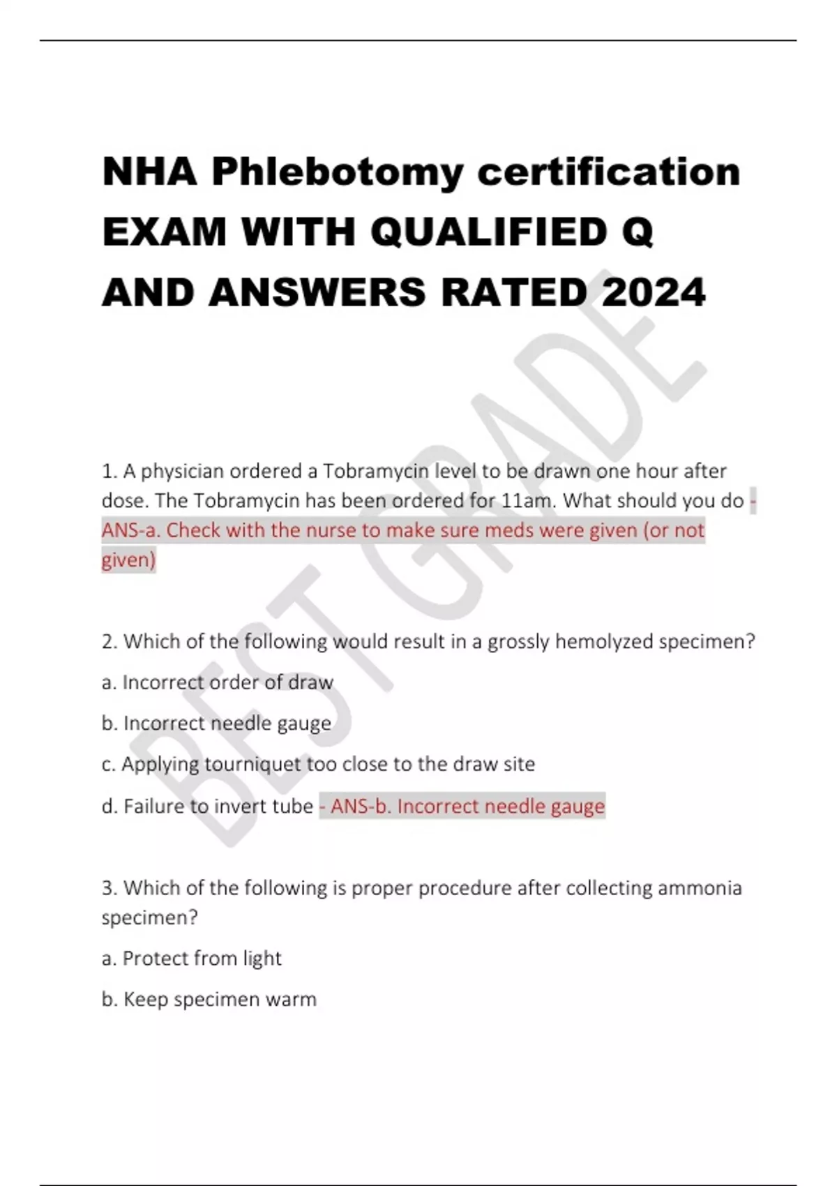 NHA Phlebotomy certification EXAM WITH QUALIFIED Q AND ANSWERS RATED ...
