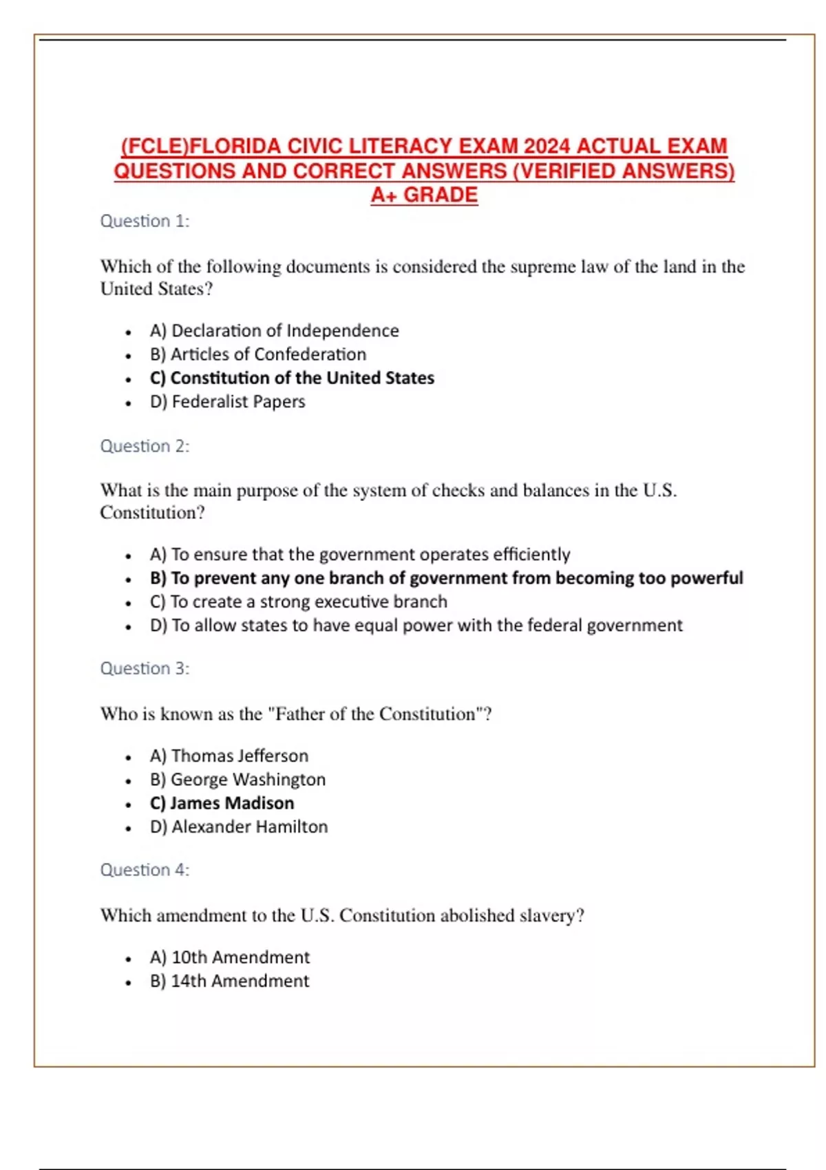 (FCLE)FLORIDA CIVIC LITERACY EXAM 2024 ACTUAL EXAM QUESTIONS AND ...