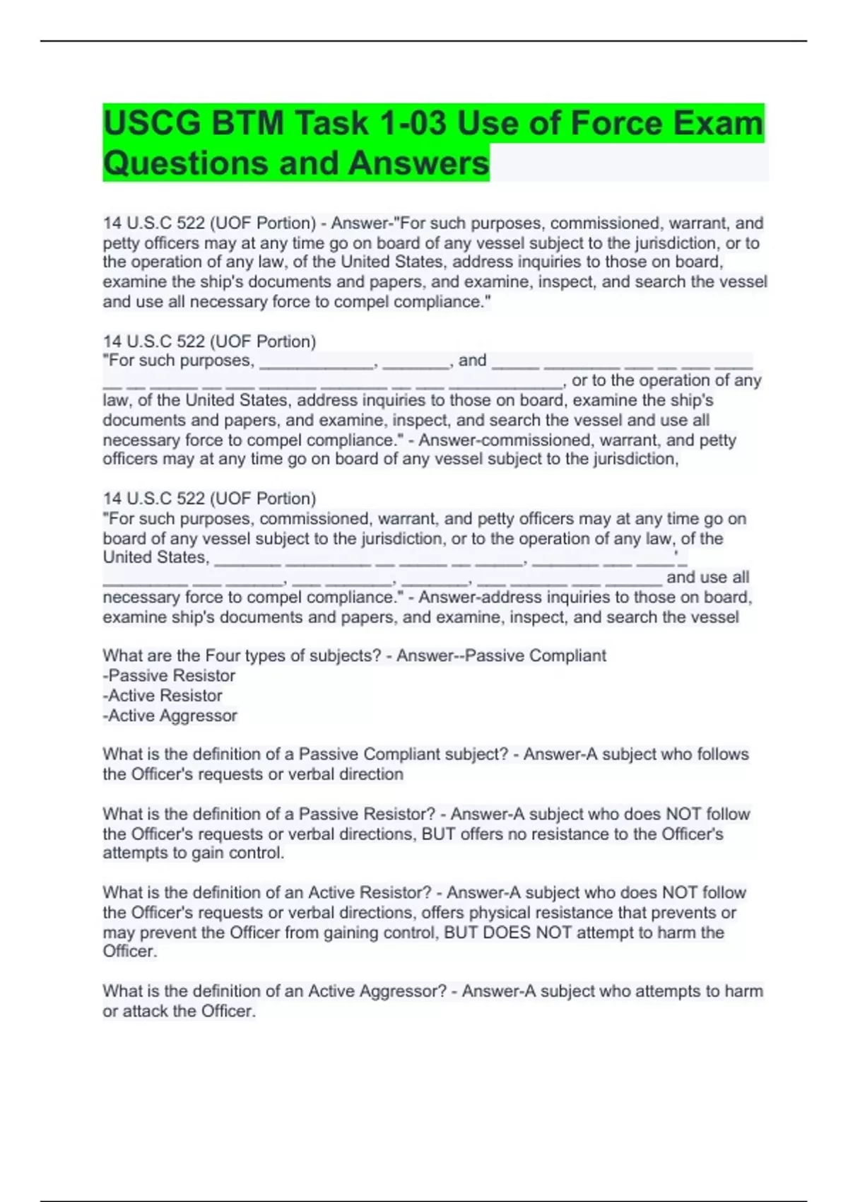 USCG BTM Task 1-03 Use of Force Exam Questions and Answers - Uscg btm ...