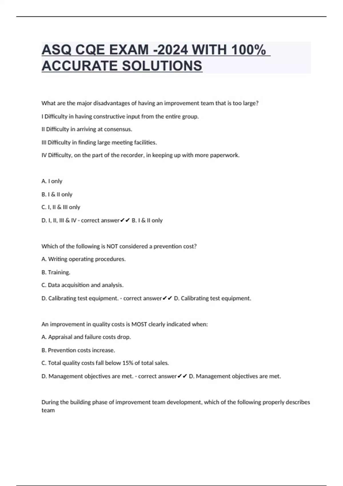 ASQ CQE EXAM -2024 WITH 100% ACCURATE SOLUTIONS - ASQ - Stuvia US