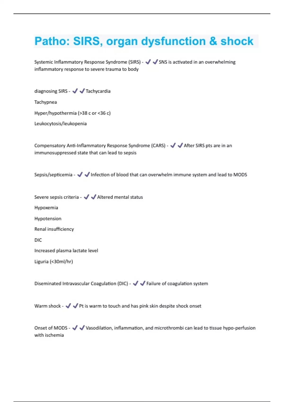Patho: SIRS, organ dysfunction & shock Complete Questions And Answers ...