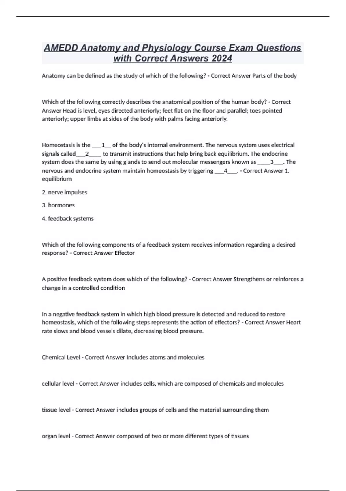AMEDD Anatomy and Physiology Course Exam Questions with Correct Answers ...