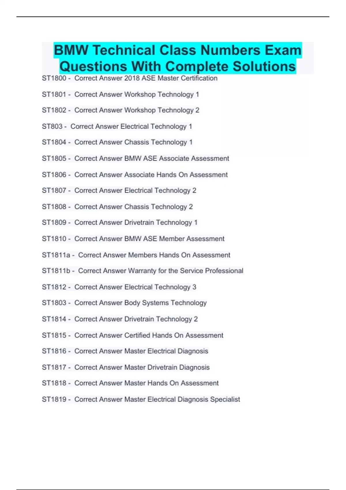 BMW Technical Class Numbers Exam Questions With Complete Solutions ...