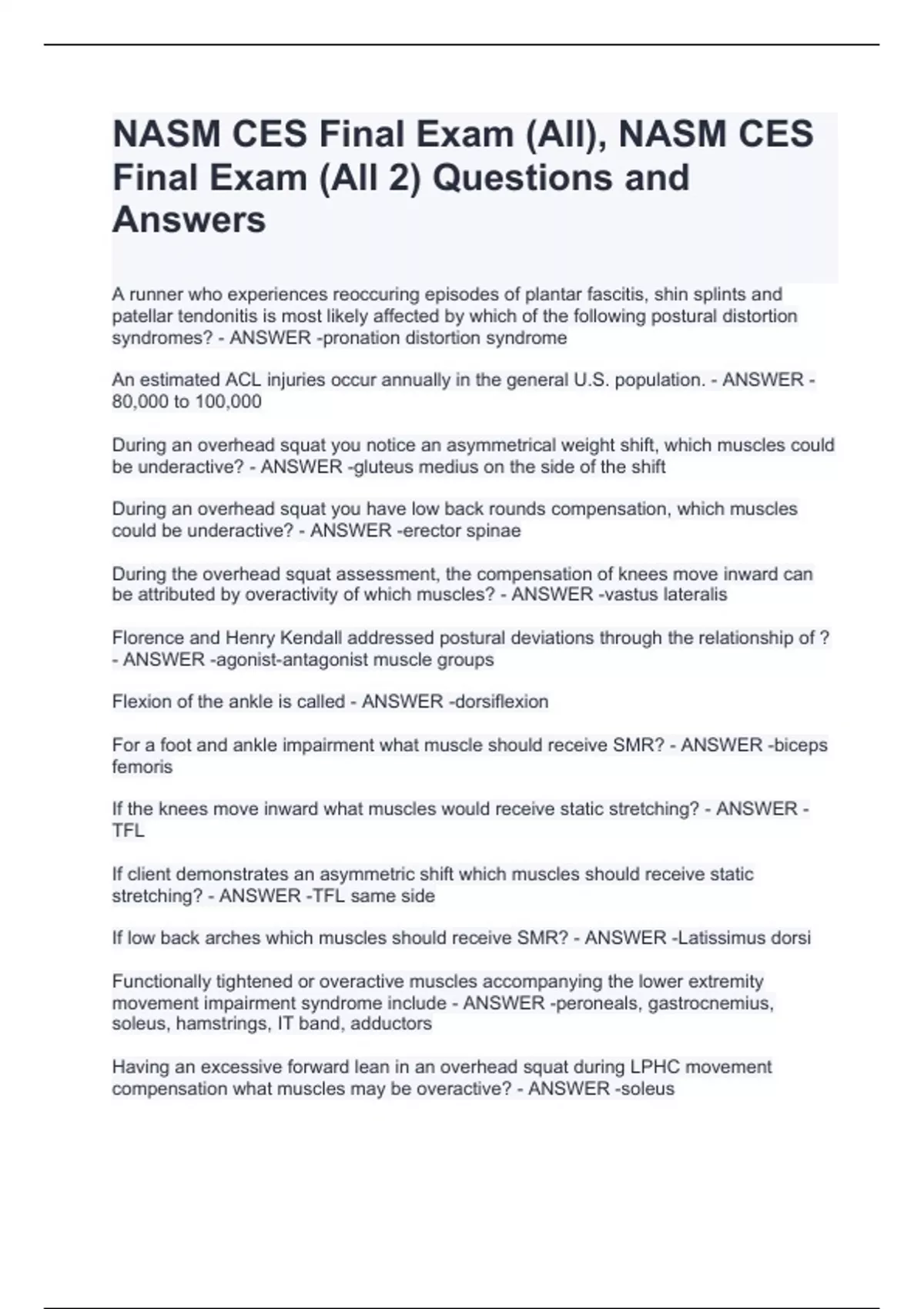 NASM CES Final Exam (All), NASM CES Final Exam (All 2) Questions and Answers - NASM CES - Stuvia US