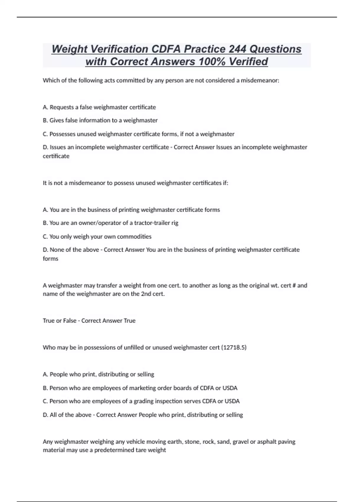 Weight Verification CDFA Practice 244 Questions with Correct Answers ...
