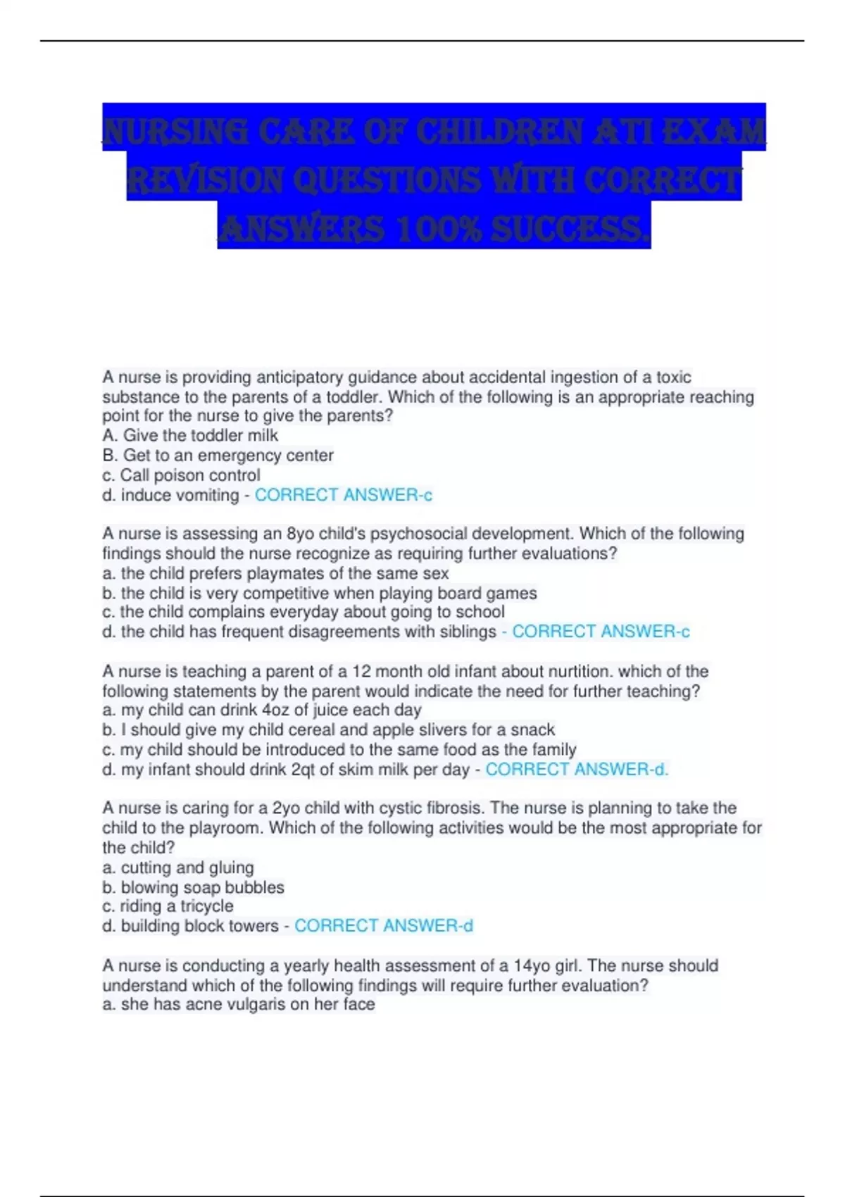 NURSING CARE OF CHILDREN ATI EXAM REVISION QUESTIONS WITH CORRECT ...