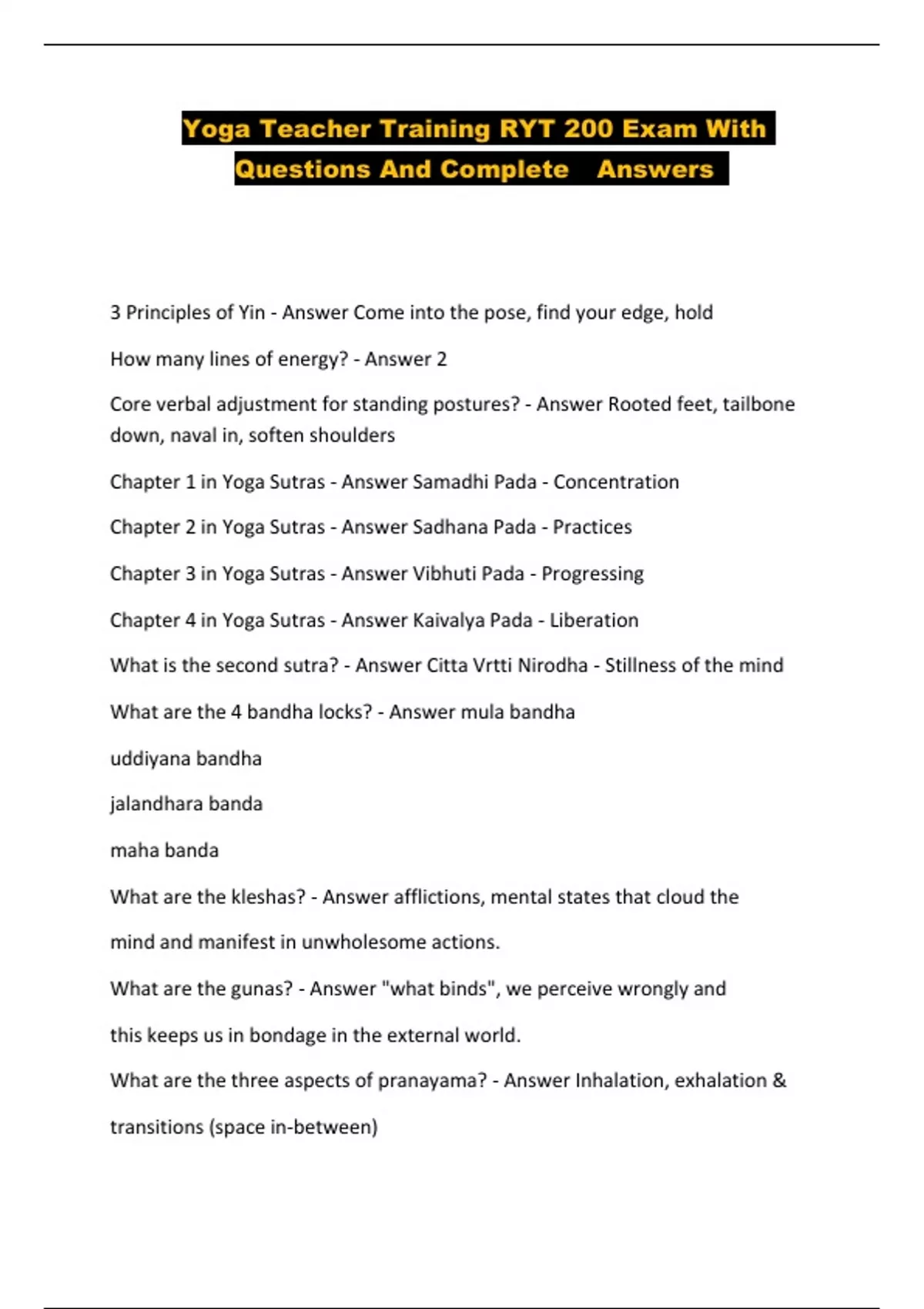 Yoga Teacher Training RYT 200 Exam With Questions And Complete Answers ...