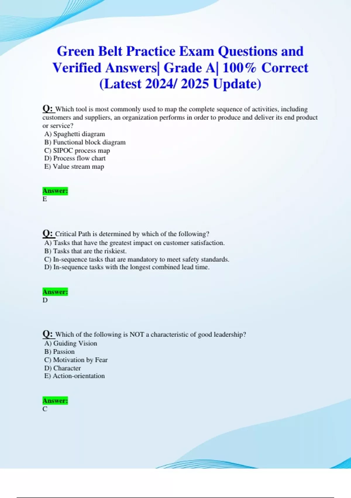 Green Belt Practice Exam Questions and Verified Answers| Grade A| 100% ...