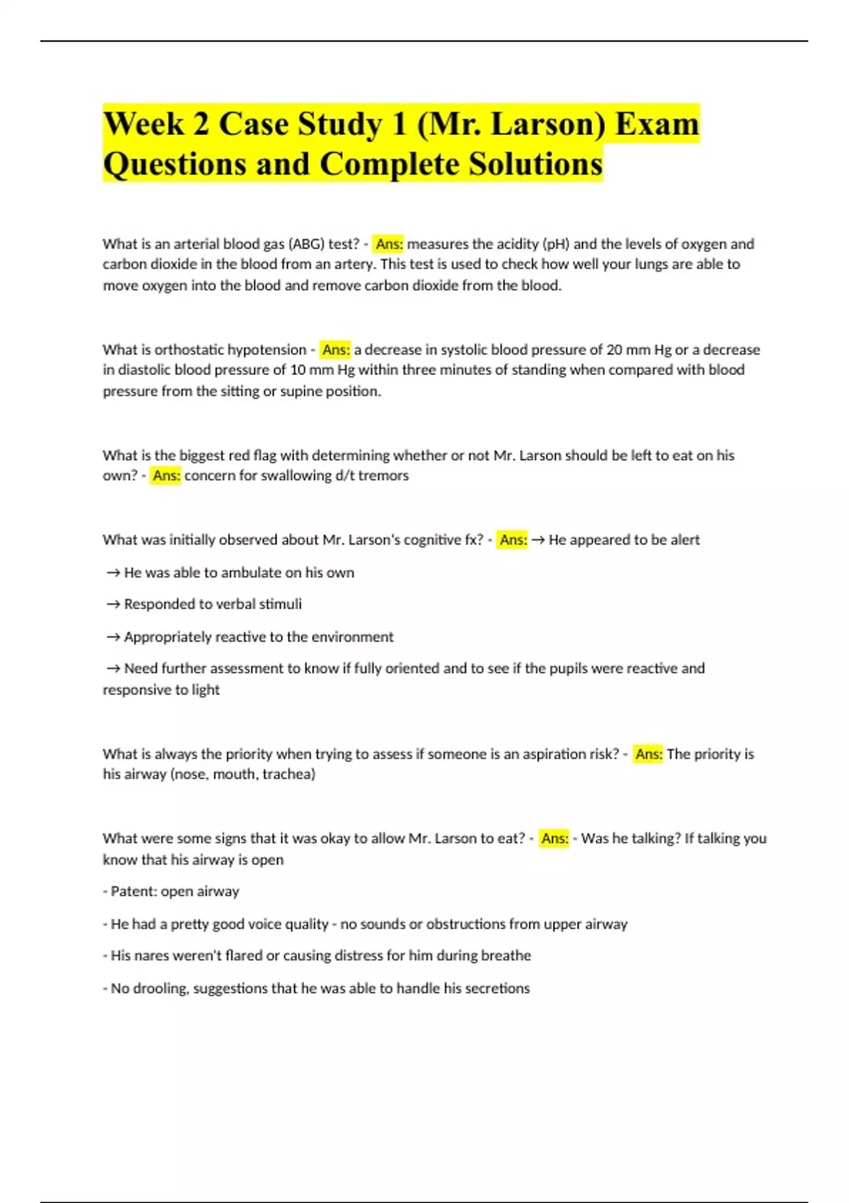 Week 2 Case Study 1 (Mr. Larson) Exam Questions and Complete Solutions - Shadow Health Pharm ...