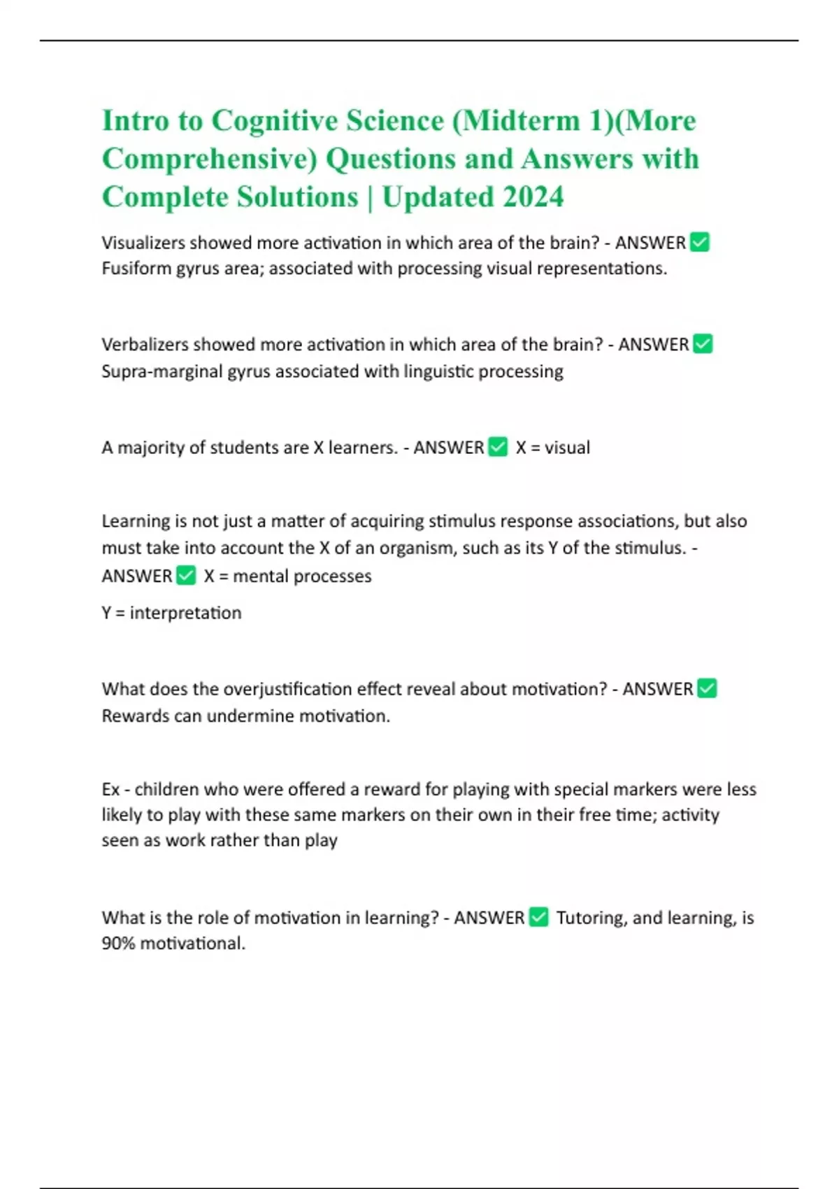 Intro to Cognitive Science (Midterm 1)(More Comprehensive) Questions ...