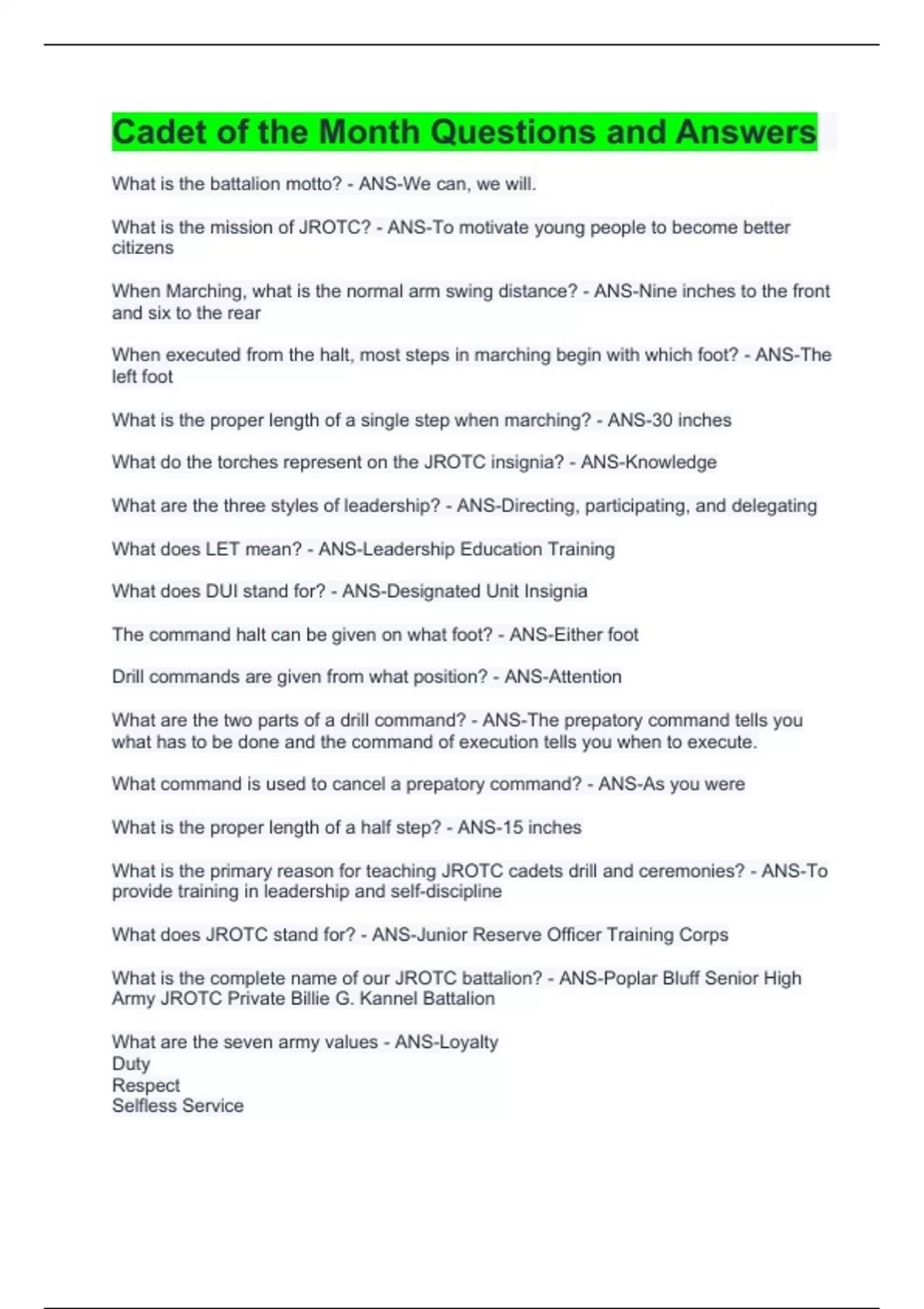 Cadet of the Month Questions and Answers - Cadet - Stuvia US