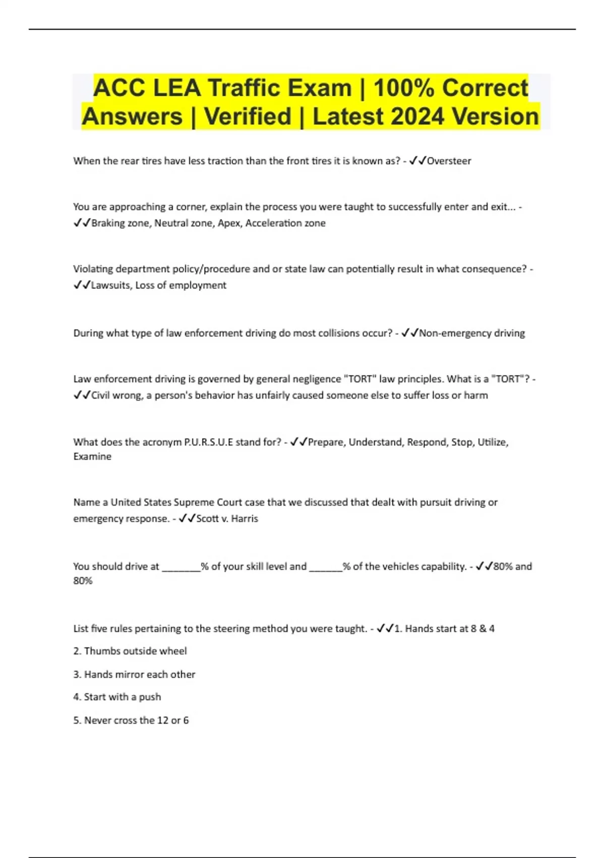 ACC LEA Traffic Exam | 100% Correct Answers | Verified | Latest 2024 ...