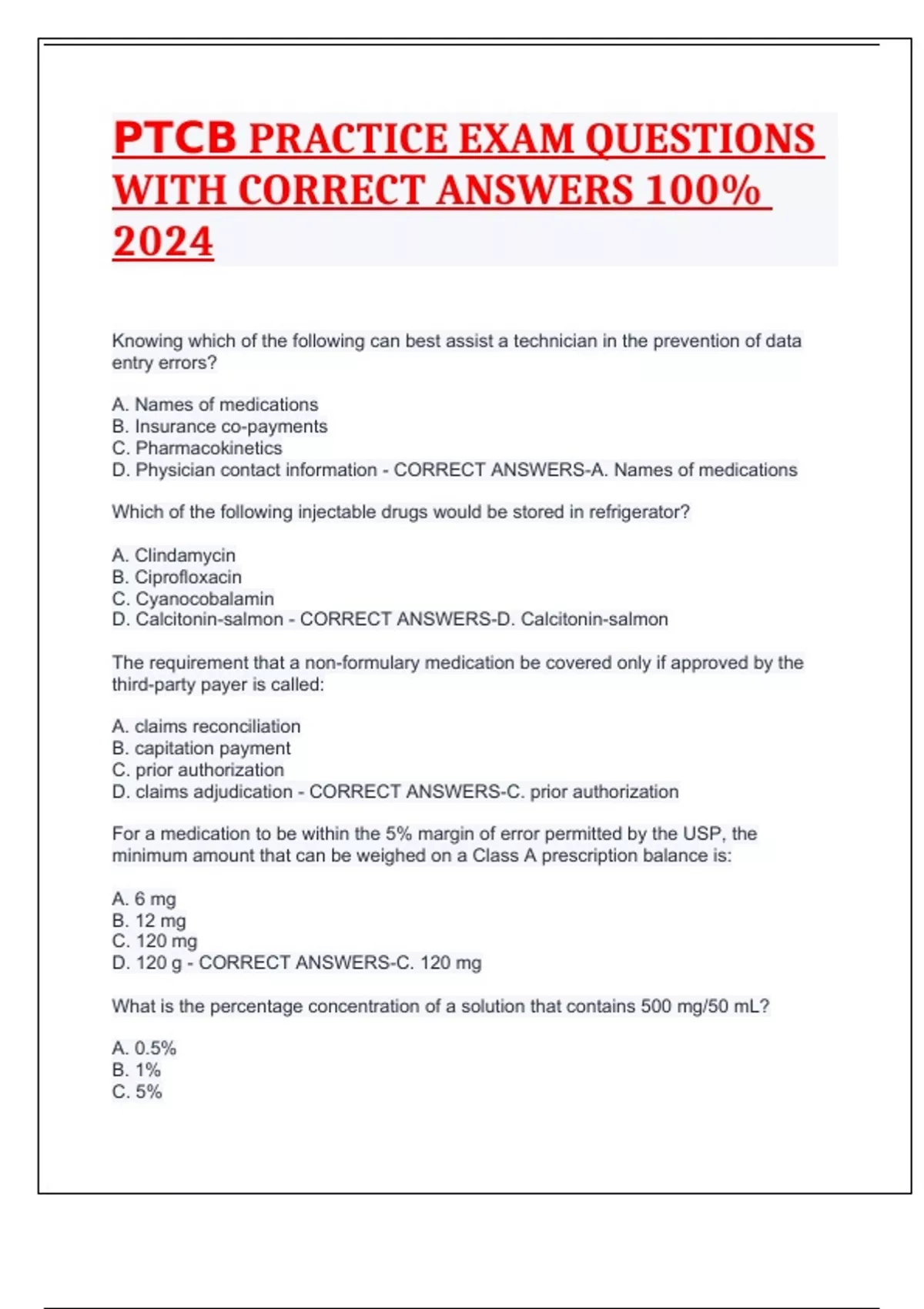 PTCB PRACTICE EXAM QUESTIONS WITH CORRECT ANSWERS 100% 2024 - PTCB ...