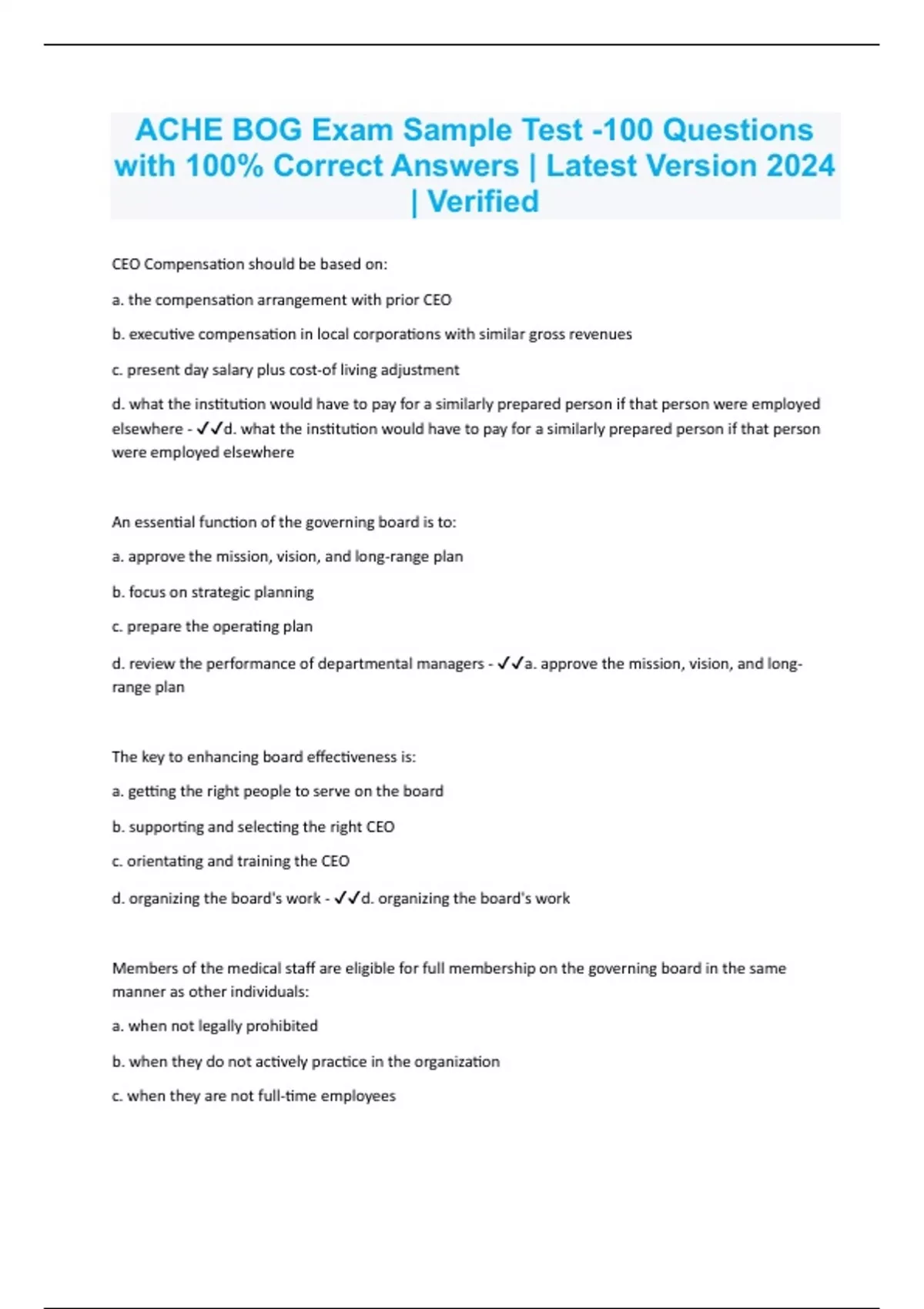 ACHE BOG Exam Sample Test -100 Questions with 100% Correct Answers ...