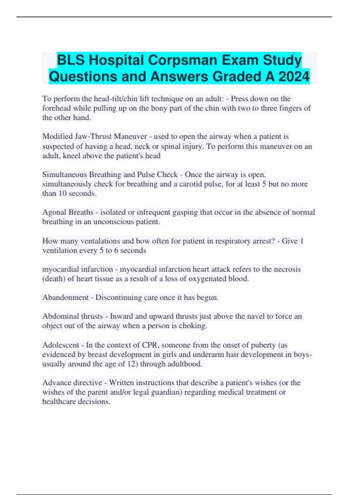 BLS Hospital Corpsman Exam Study Questions and Answers Graded A 2024 ...