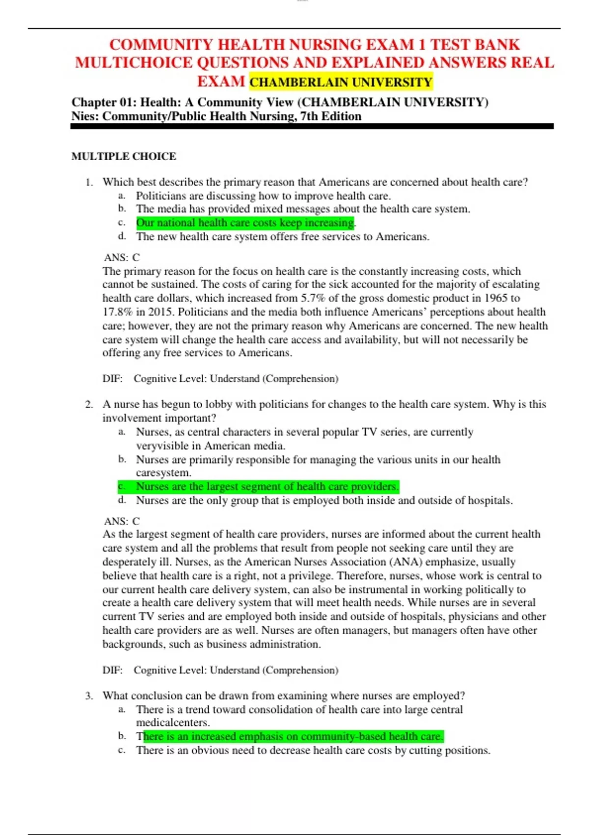 COMMUNITY HEALTH NURSING EXAM 1 TEST BANK MULTICHOICE QUESTIONS AND ...