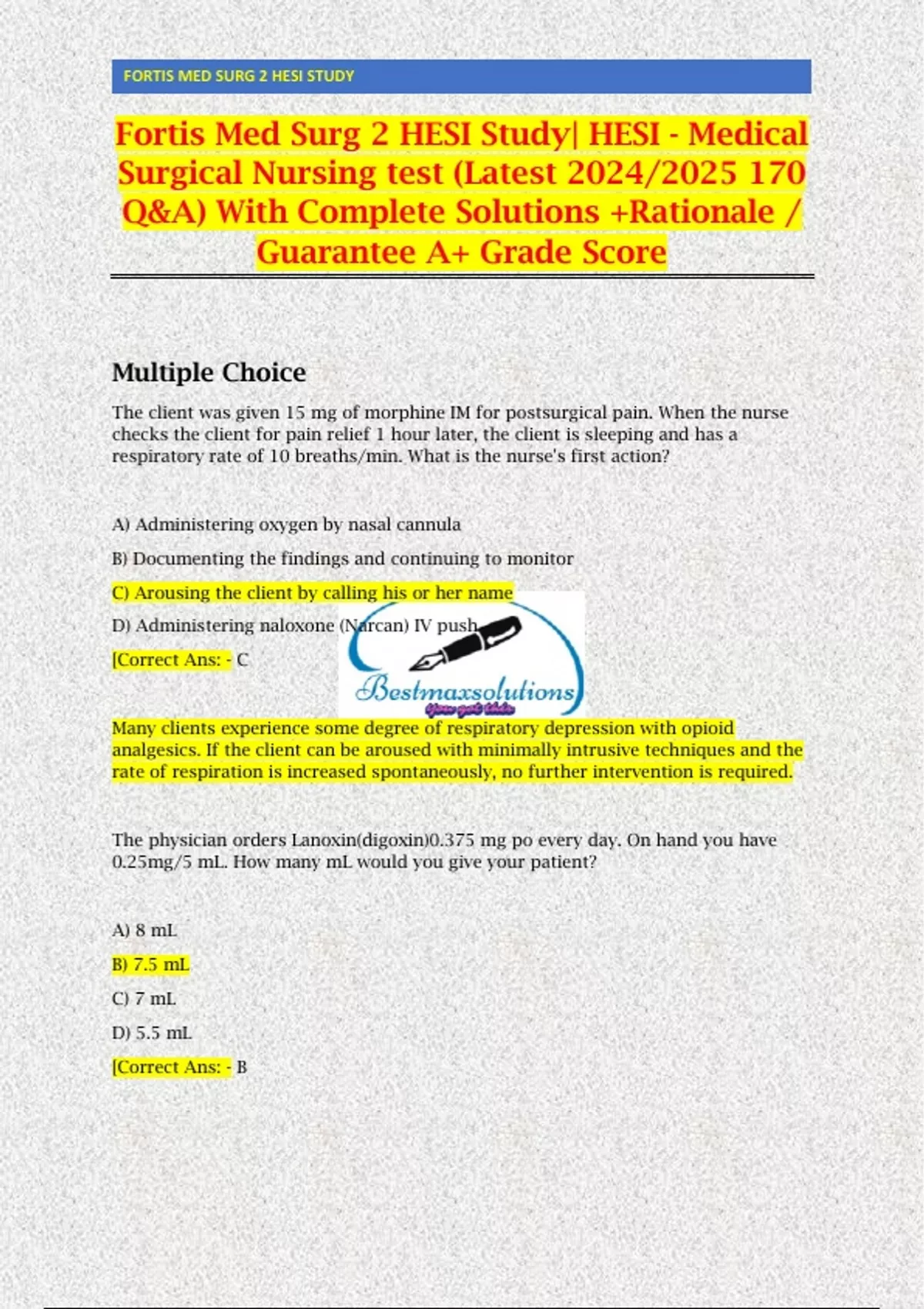 Fortis Med Surg 2 HESI Study| HESI - Medical Surgical Nursing test ...
