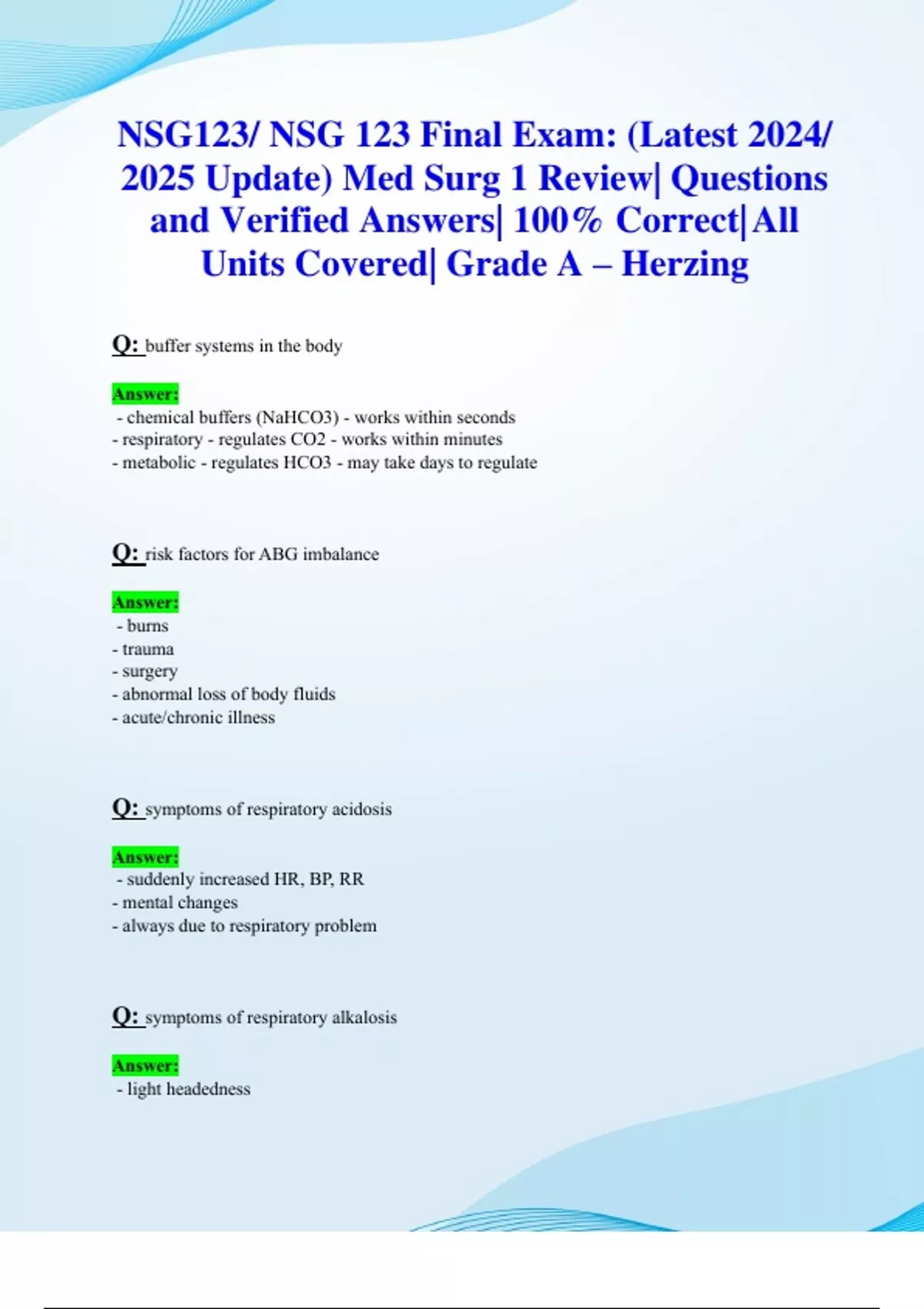 NSG123/ NSG 123 Final Exam: (Latest 2024/ 2025 Update) Med Surg 1 ...