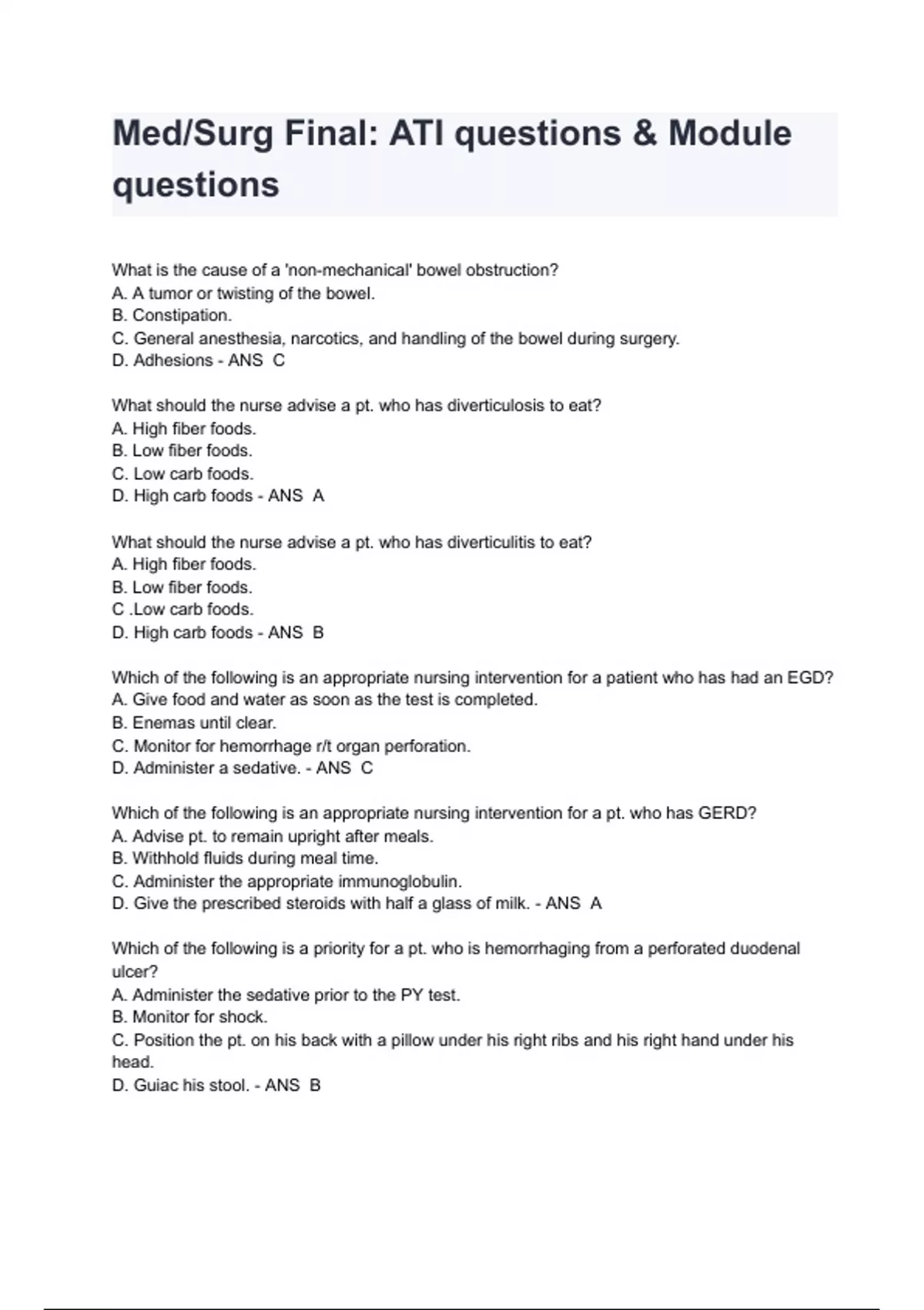 Med/Surg Final: ATI questions & Module 2024 questions & Answers ...