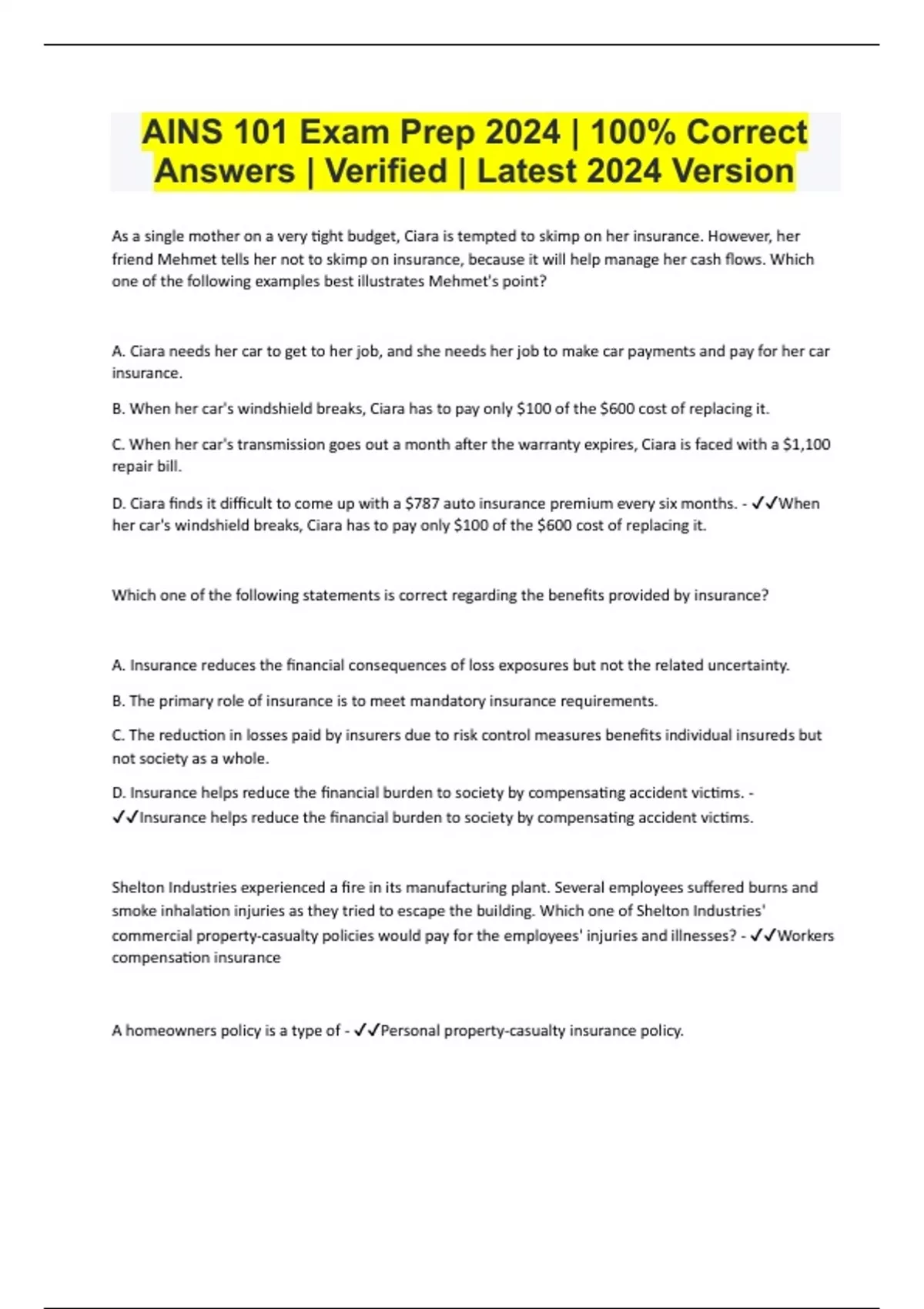 AINS 101 Exam Prep 2024 | 100% Correct Answers | Verified | Latest 2024 ...