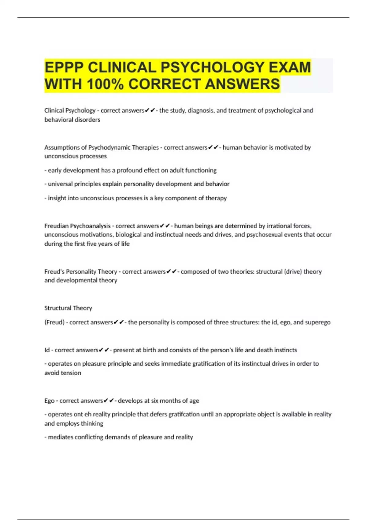 EPPP CLINICAL PSYCHOLOGY EXAM WITH 100% CORRECT ANSWERS - Clinical ...