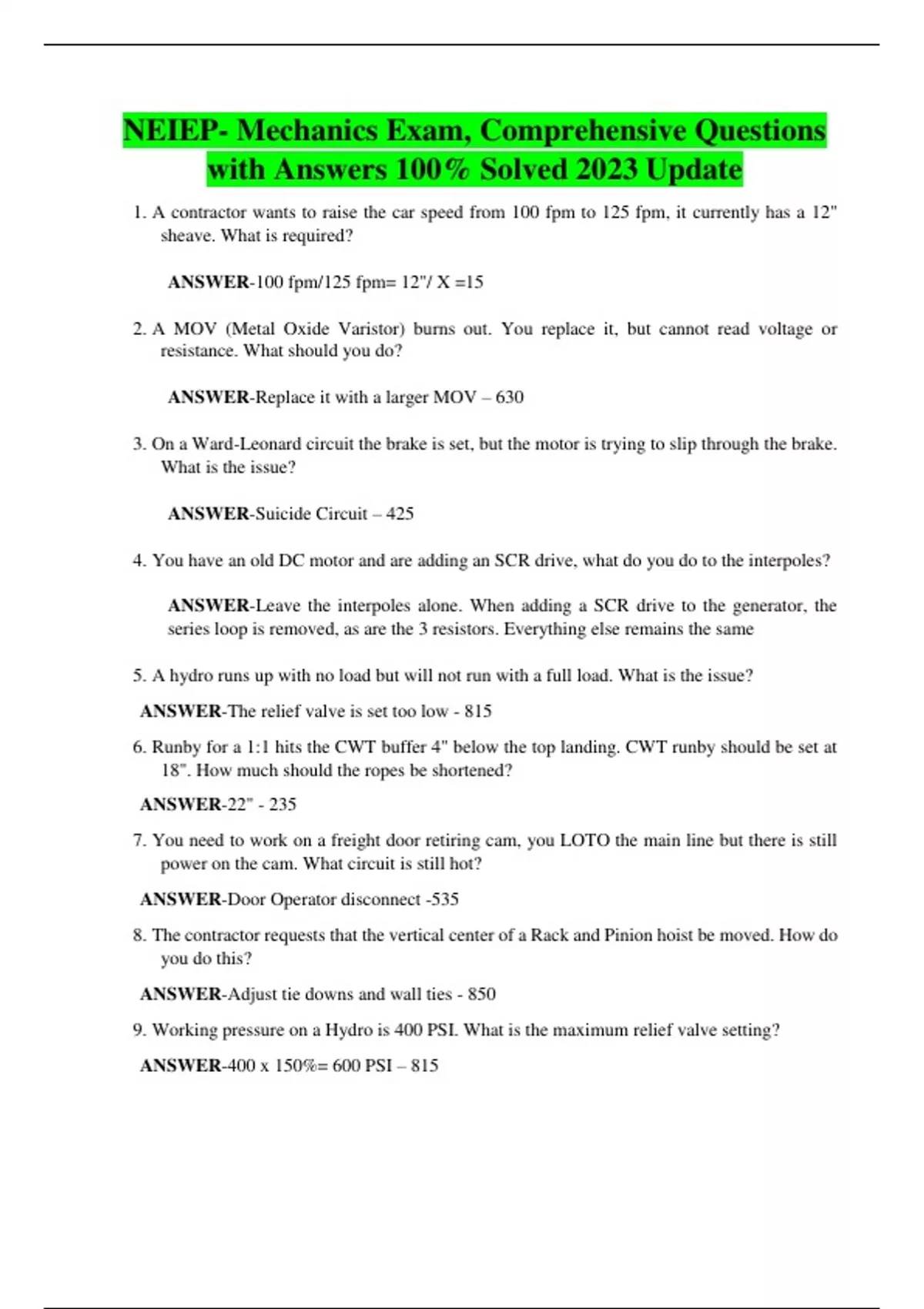 NEIEP- Mechanics Exam, Comprehensive Questions with Answers 100% Solved ...