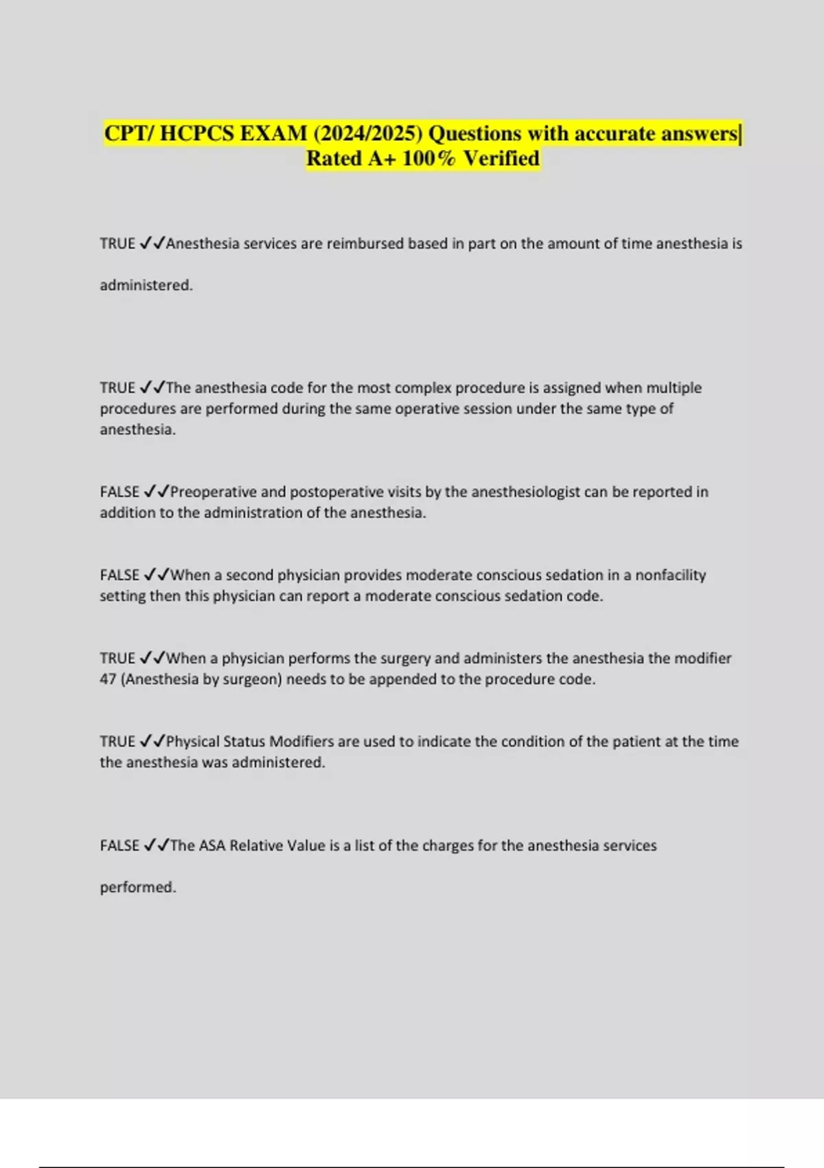 CPT/ HCPCS EXAM (2024/2025) Questions with accurate answers| Rated A+ ...