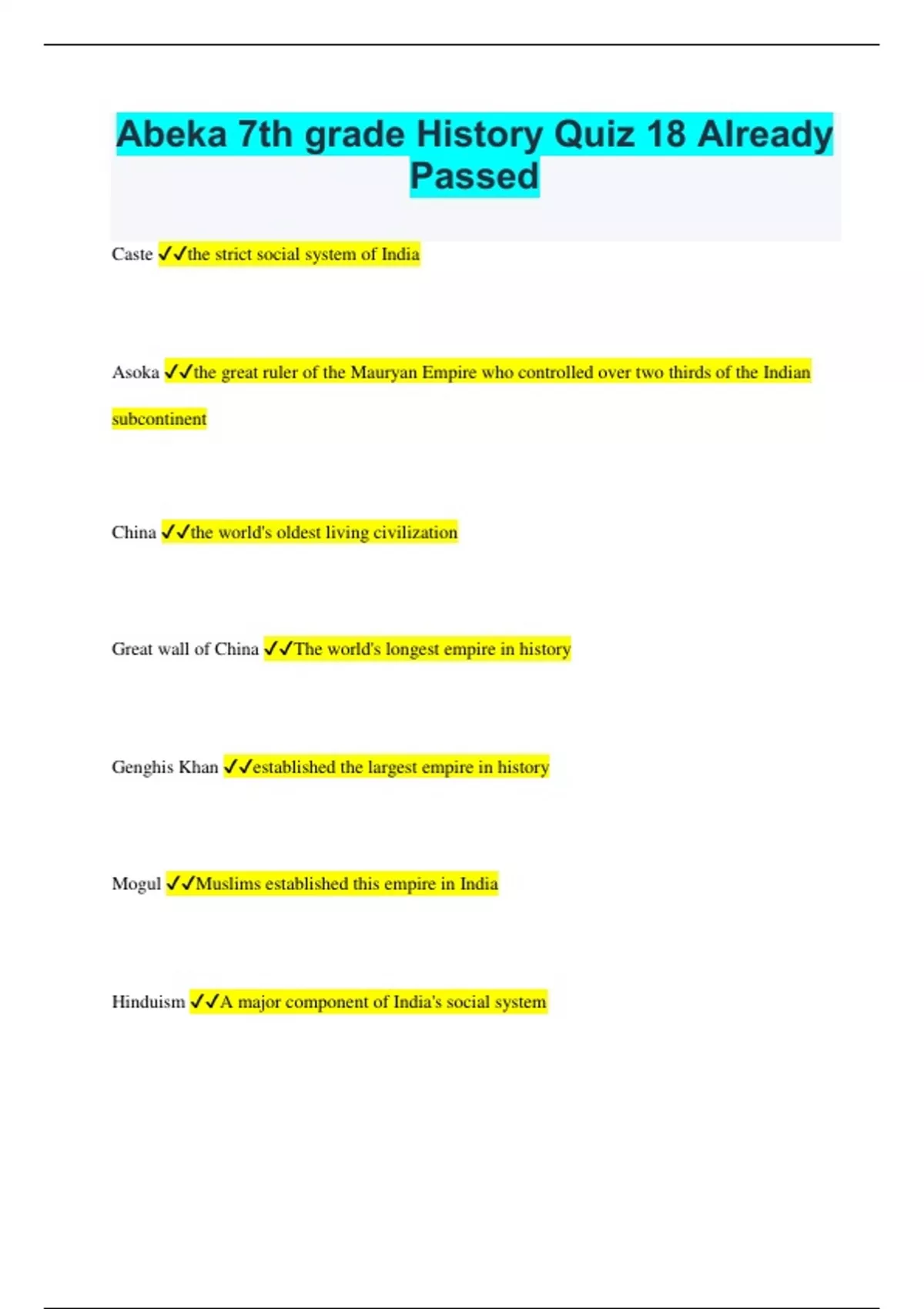 Abeka 7th grade History Quiz 18 Already Passed - Abeka 7th grade ...