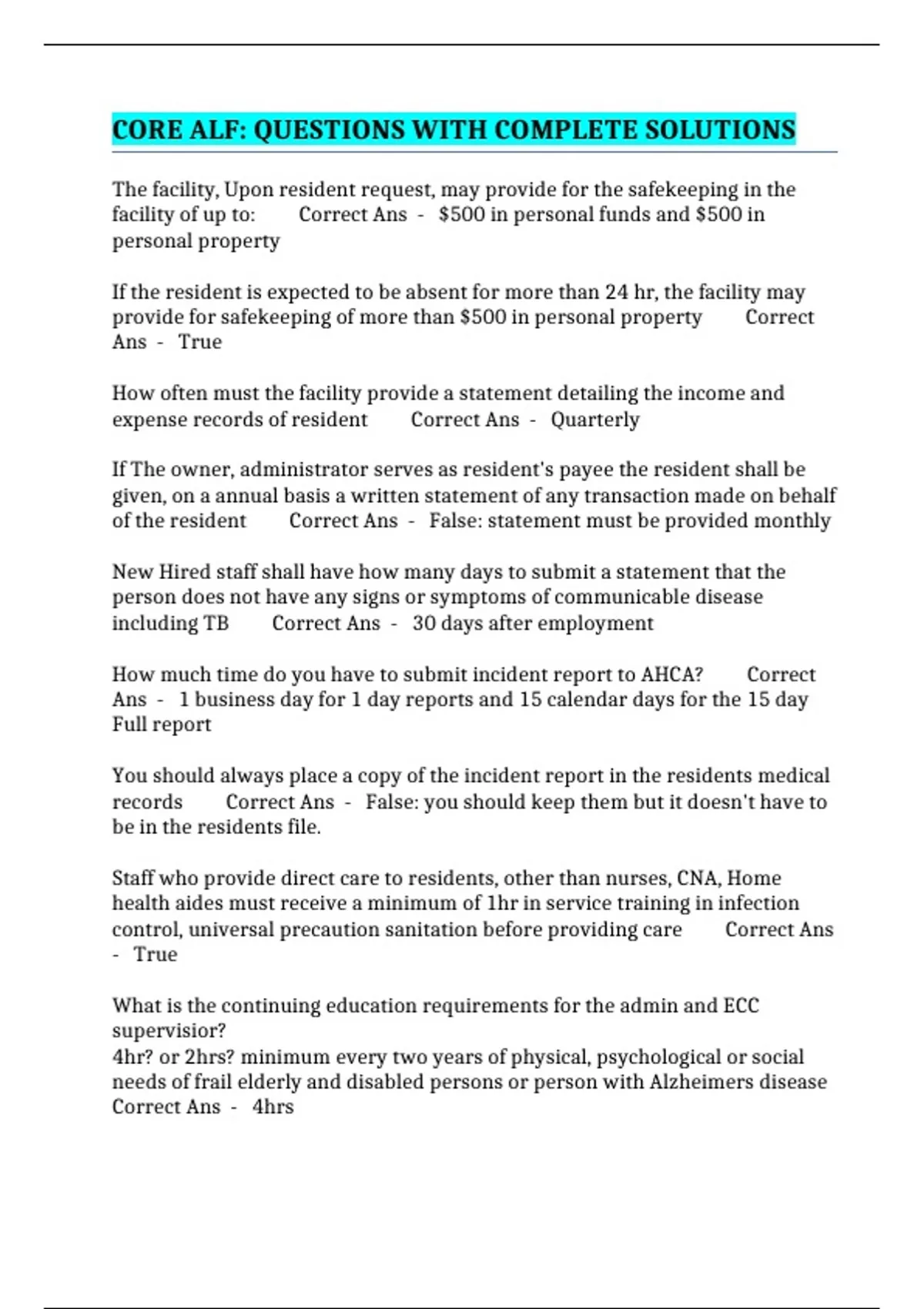 CORE ALF: QUESTIONS WITH COMPLETE SOLUTIONS - ALF CORE TRAINING - Stuvia US