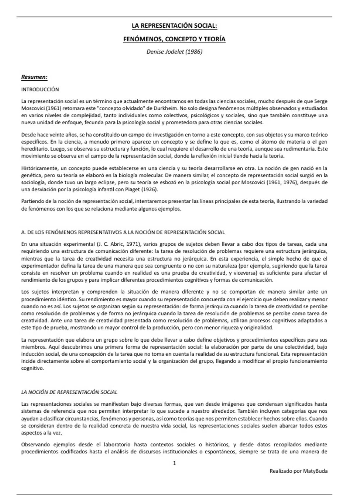 Sumario Resumen 'La Representación Social. Fenómeno Conceptos y Teoría ...