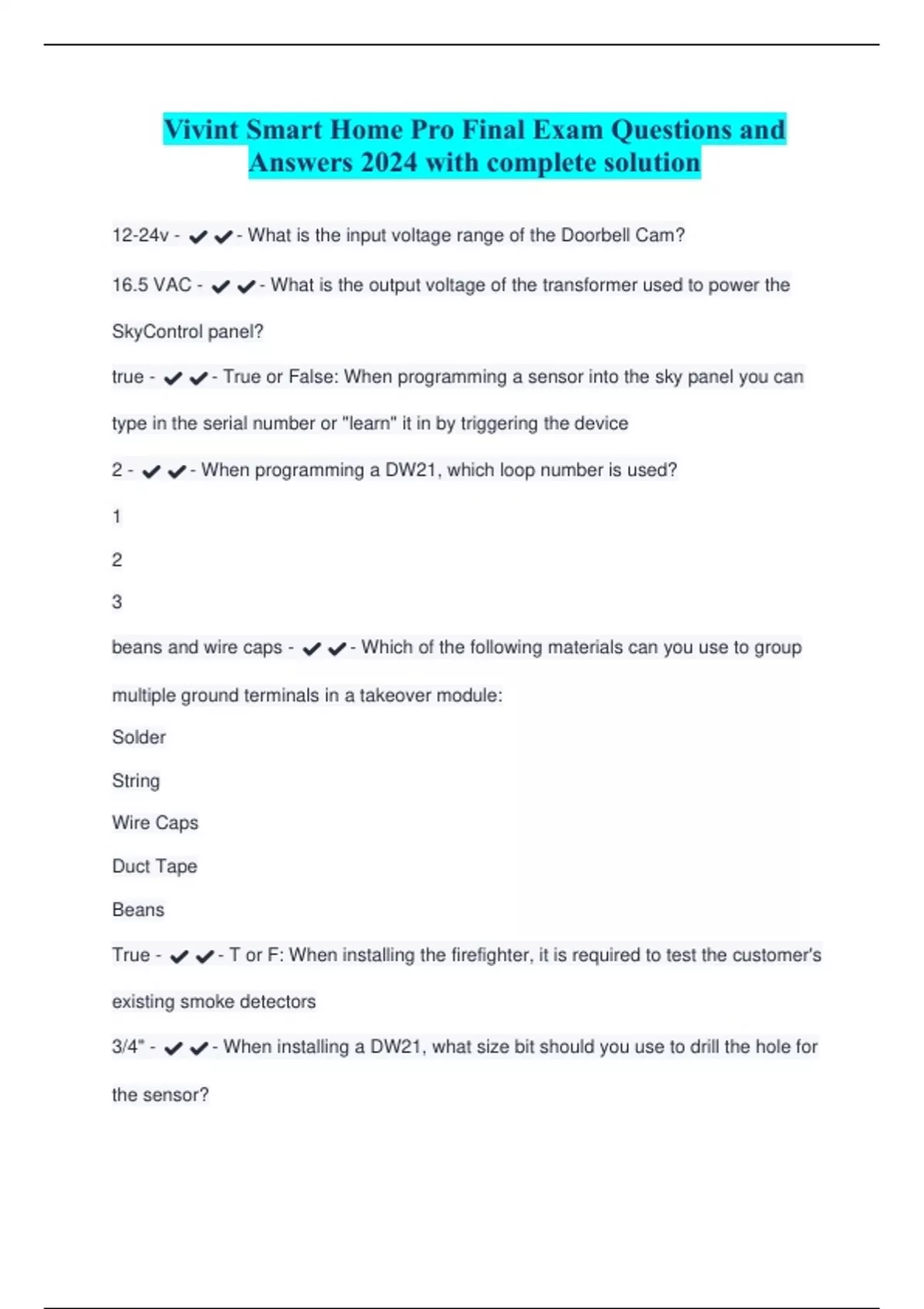 Vivint Smart Home Pro Final Exam Questions and Answers 2024 with complete solution - Vivint ...