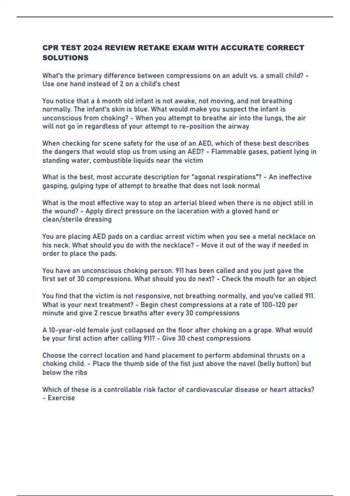 CPR TEST 2024 REVIEW RETAKE EXAM WITH ACCURATE CORRECT - CPR 2024 ...