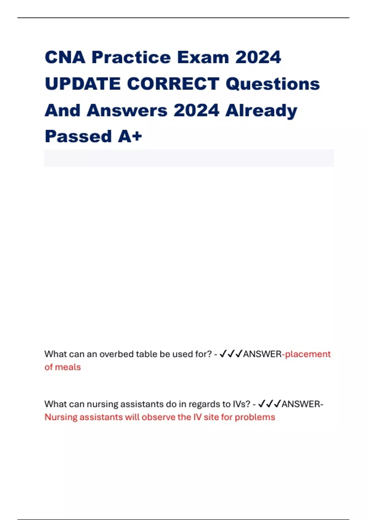 CNA Practice Exam 2024 UPDATE CORRECT Questions And Answers 2024 ...