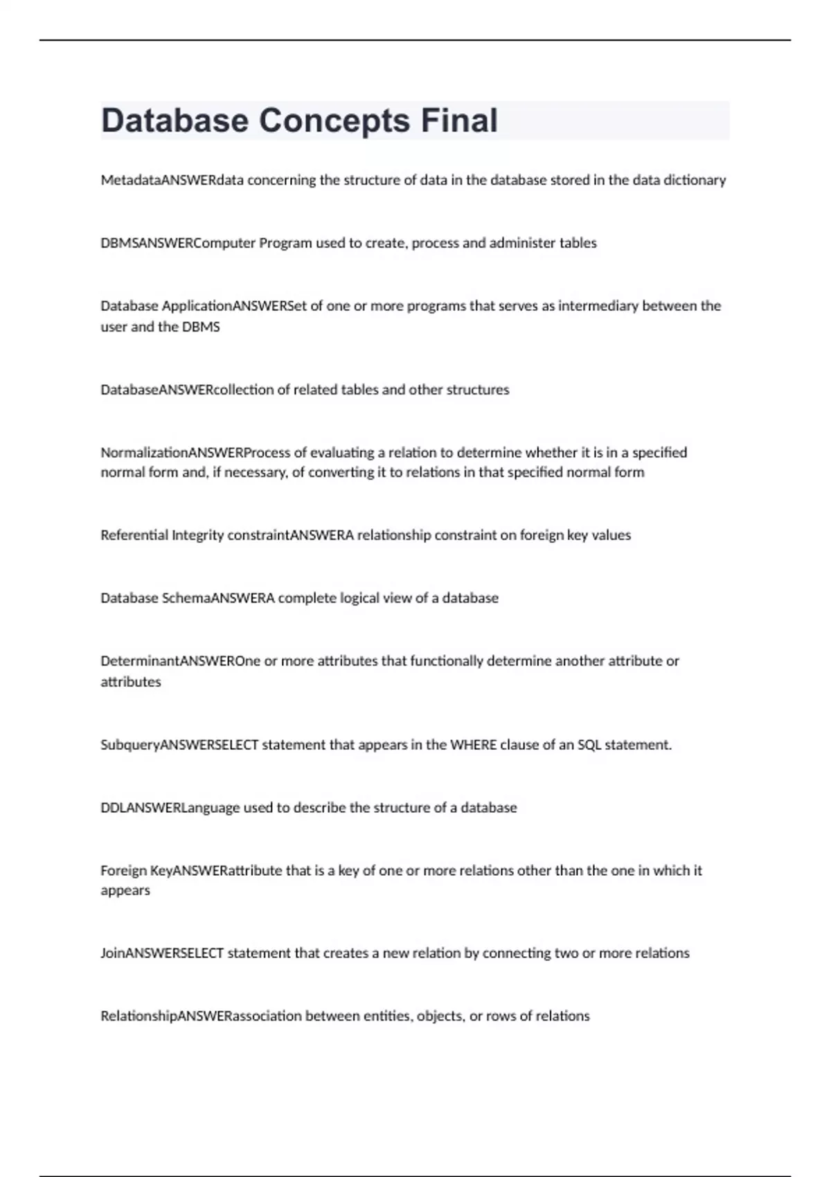 Database Concepts Final Exam Questions With Correct Answers (VERIFIED ANSWERS ) - Database ...