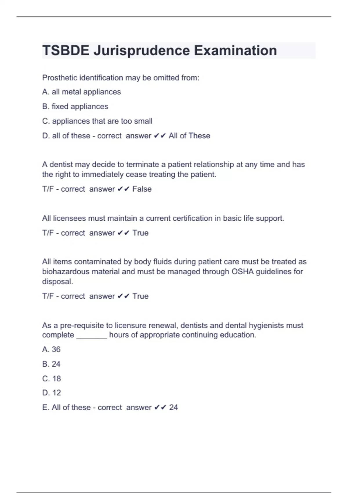 TSBDE Jurisprudence Examination Questions with complete solution ...